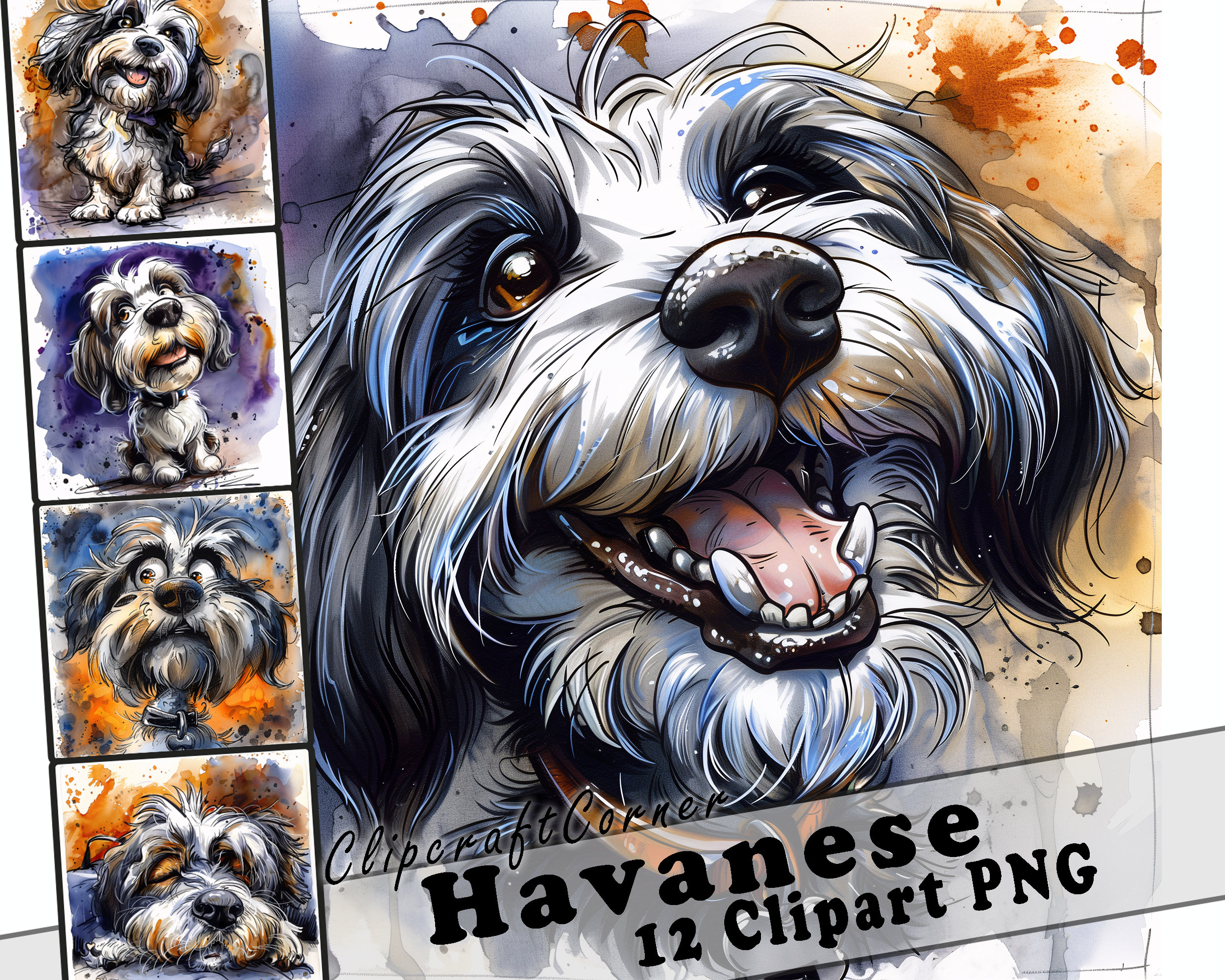 12 Havanese Clipart PNG Funny Dog Bundle | Watercolor Dog Caricature ...