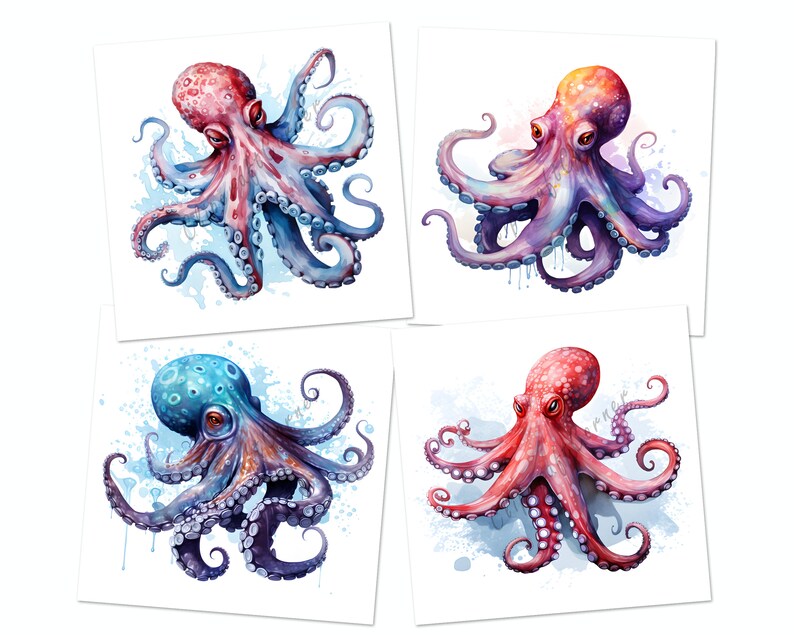 12 Octopus Clipart PNG Bundle | Watercolor Sea Animals Clipart PNG ...