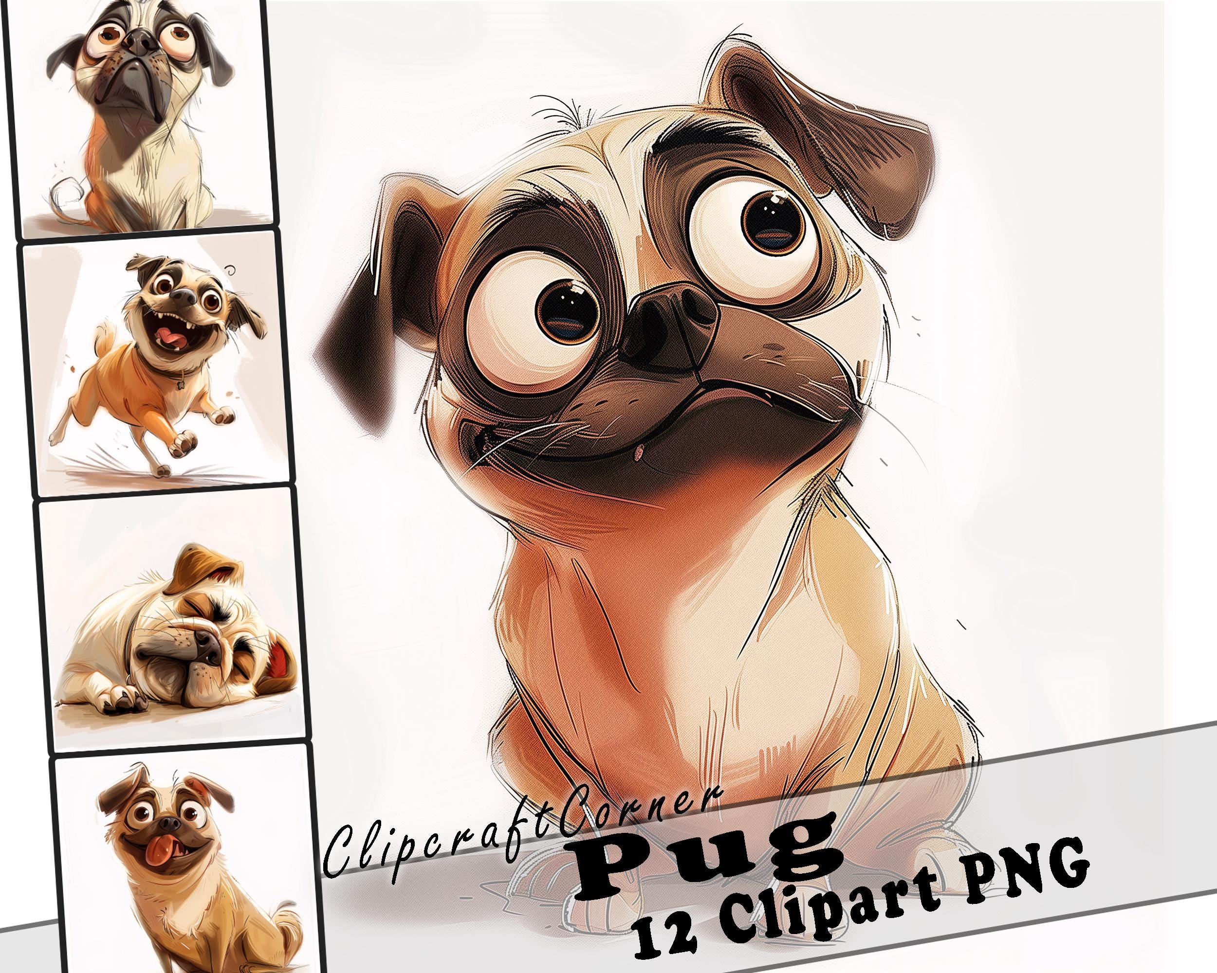 12 Pug Clipart PNG Funny Dog Bundle | Watercolor Dog Cartoon Clipart ...