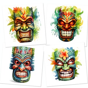 12 Tiki Mask Clipart PNG Bundle | Tropical Watercolor Clipart PNG ...