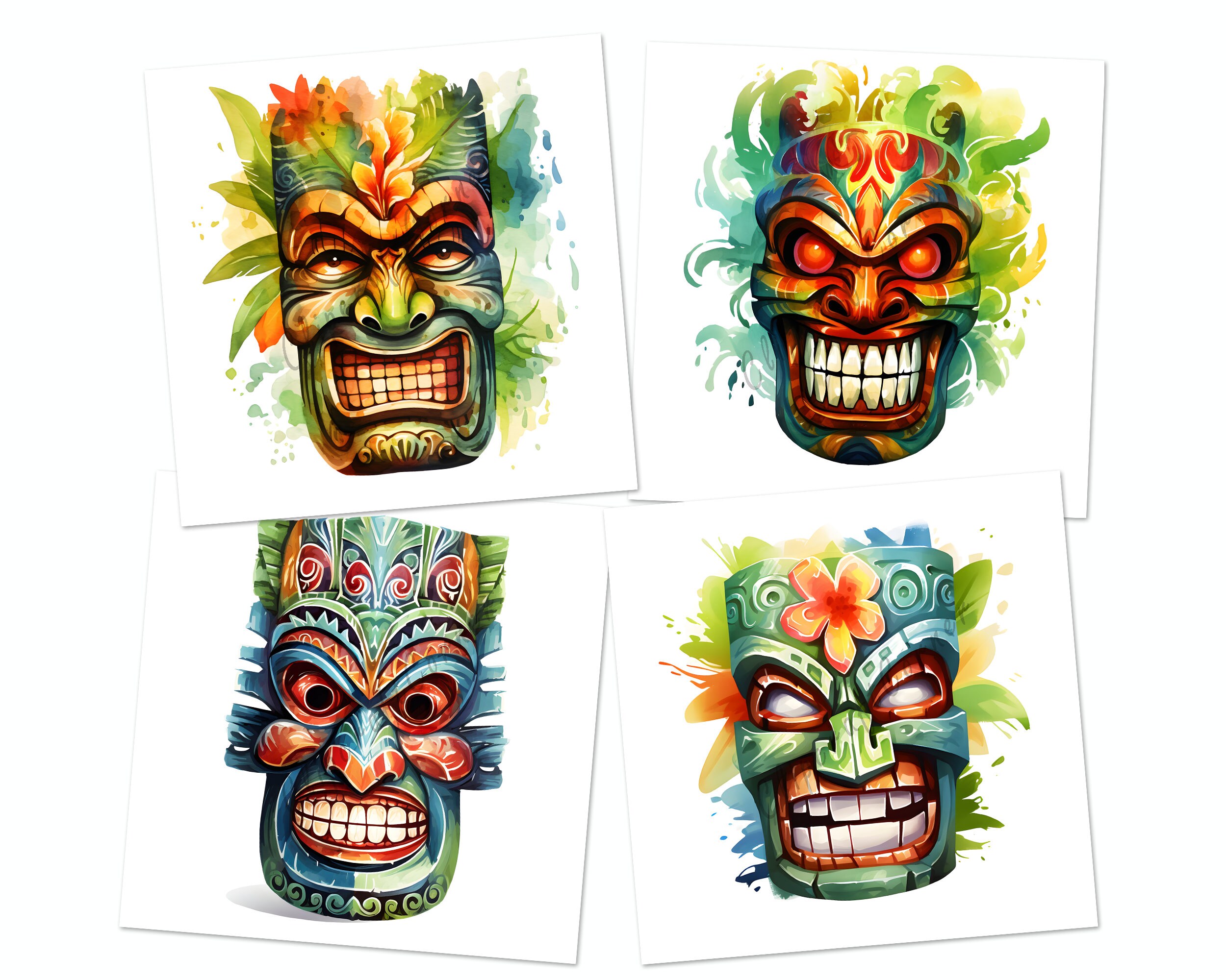 12 Tiki Mask Clipart PNG Bundle | Tropical Watercolor Clipart PNG ...
