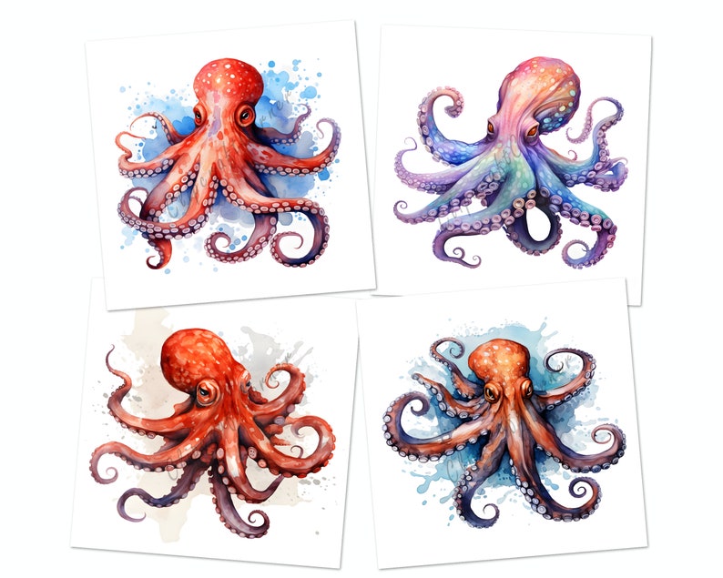 12 Octopus Clipart PNG Bundle | Watercolor Sea Animals Clipart PNG ...