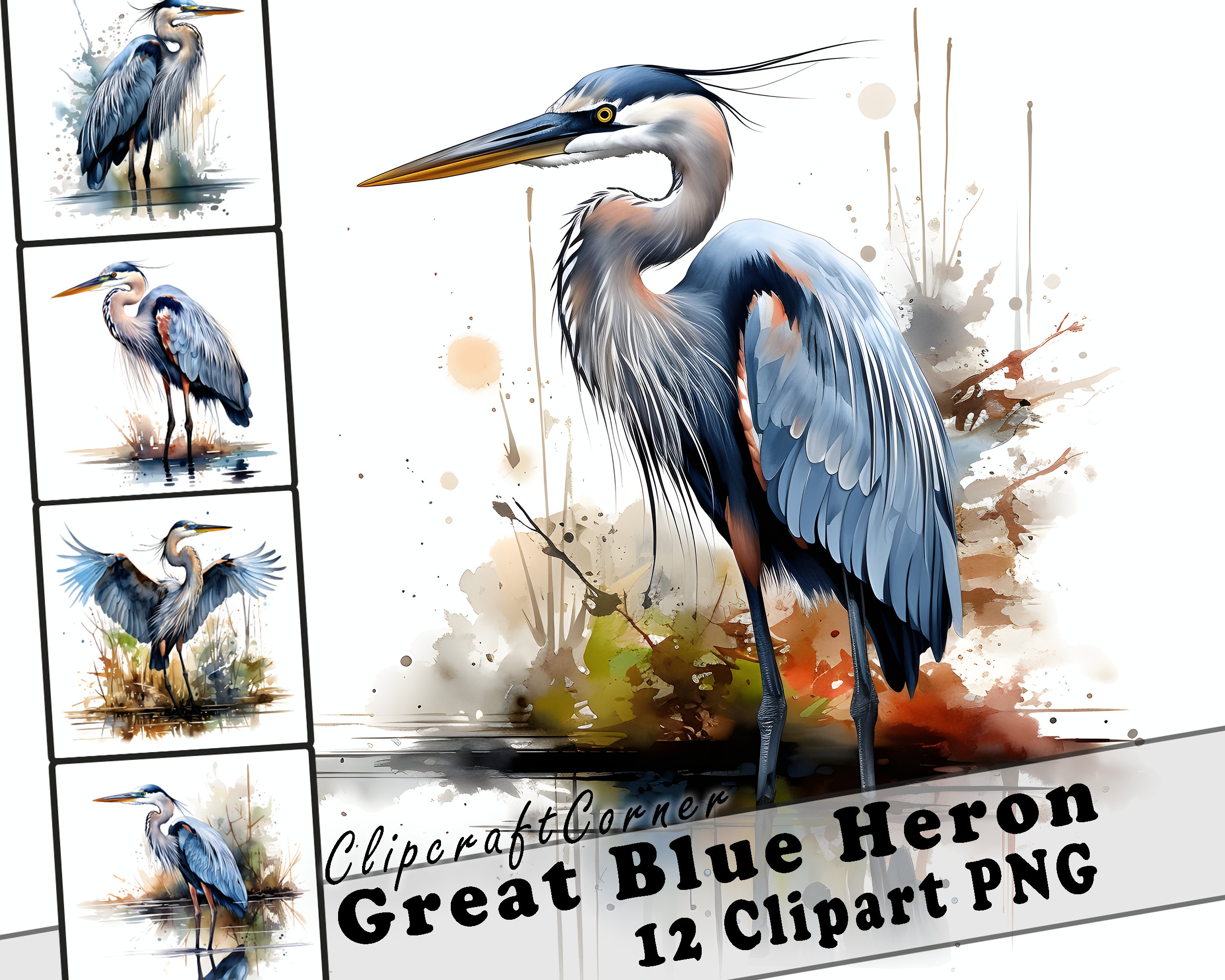 12 Great Blue Heron Clipart PNG Art Bundle | Watercolor Bird Clipart ...