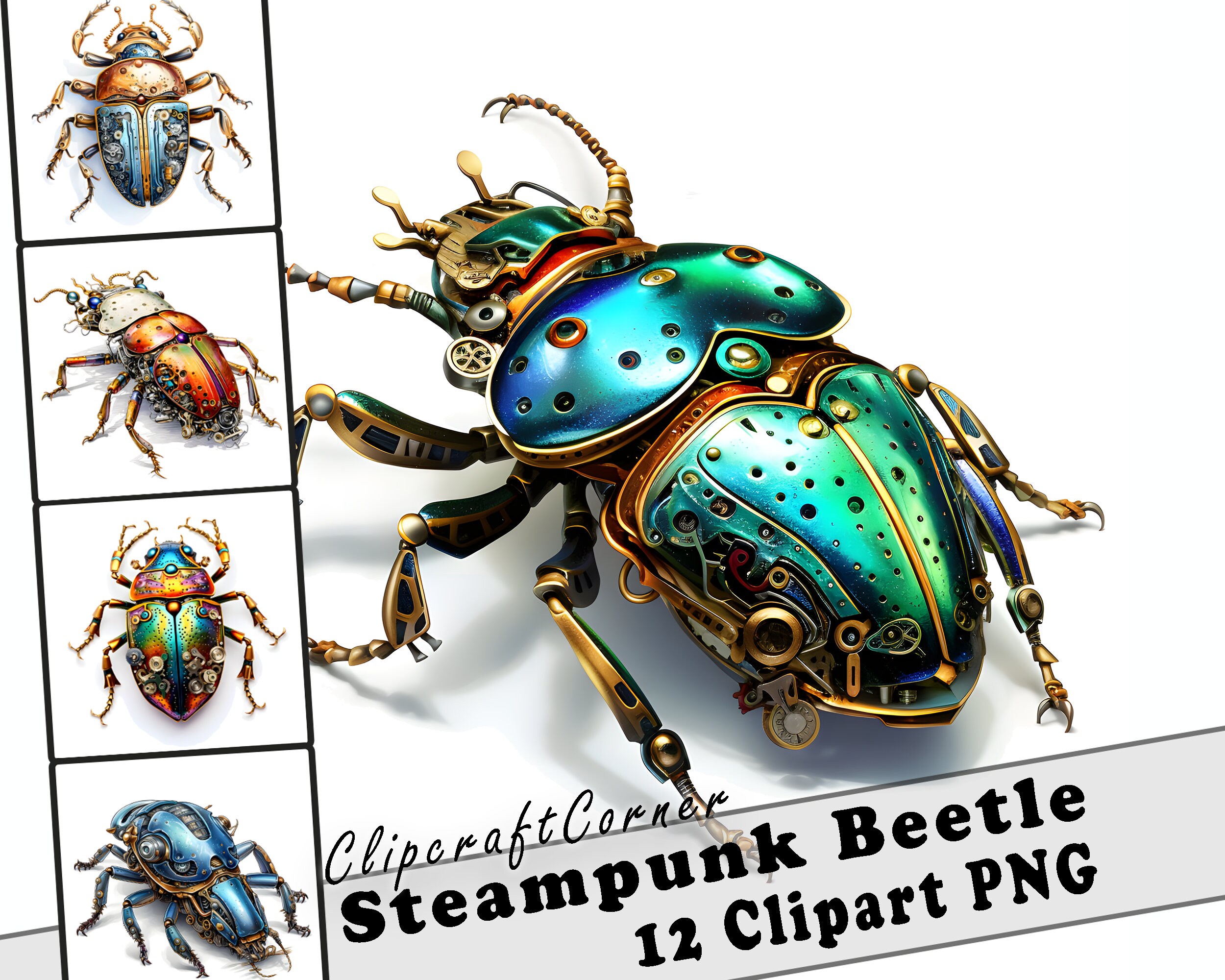 12 Steampunk Beetle Clipart PNG Animal Bundle | Watercolor Steampunk ...
