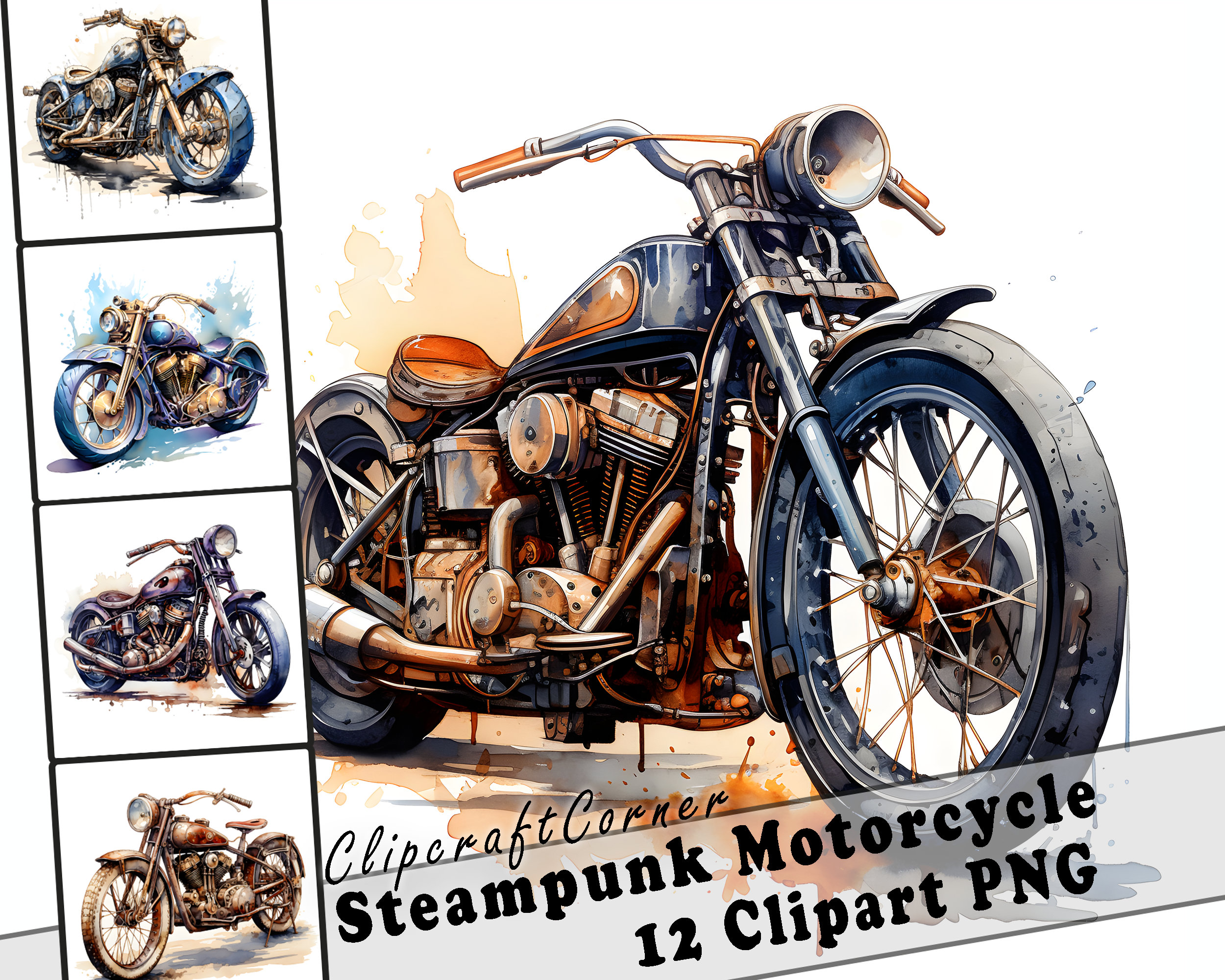 12 Steampunk Motorcycle Clipart PNG Bundle | Watercolor Steampunk ...