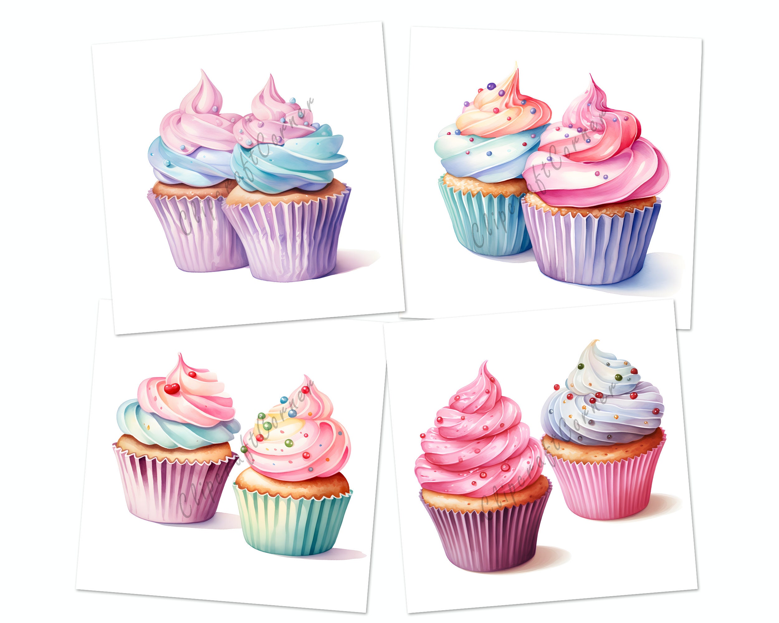 12 Pastel Cupcake Clipart PNG Bundle Watercolor Dessert Clipart PNG ...