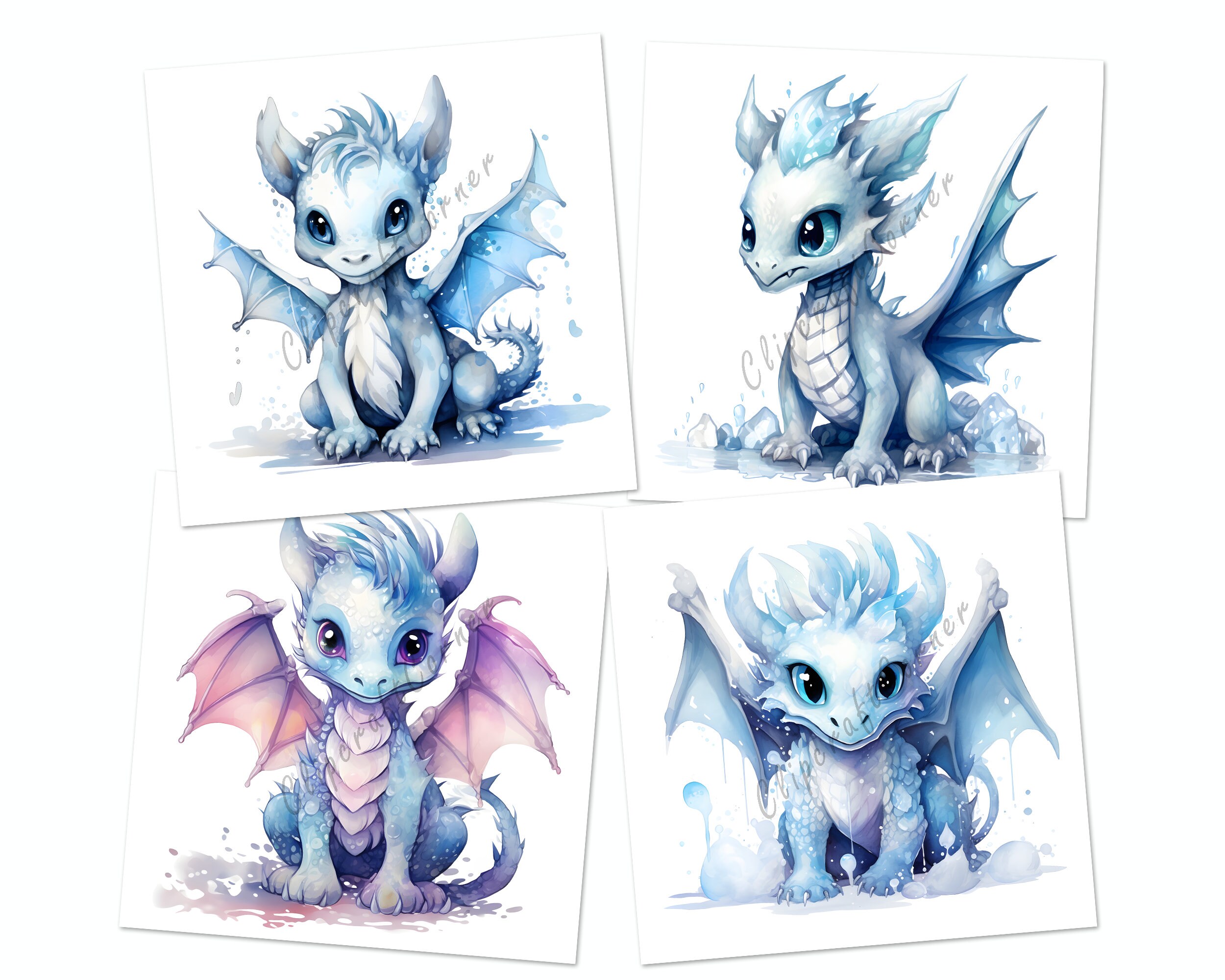 12 Ice Dragon Clipart PNG Fairytale Bundle | Magical Watercolor Fantasy ...