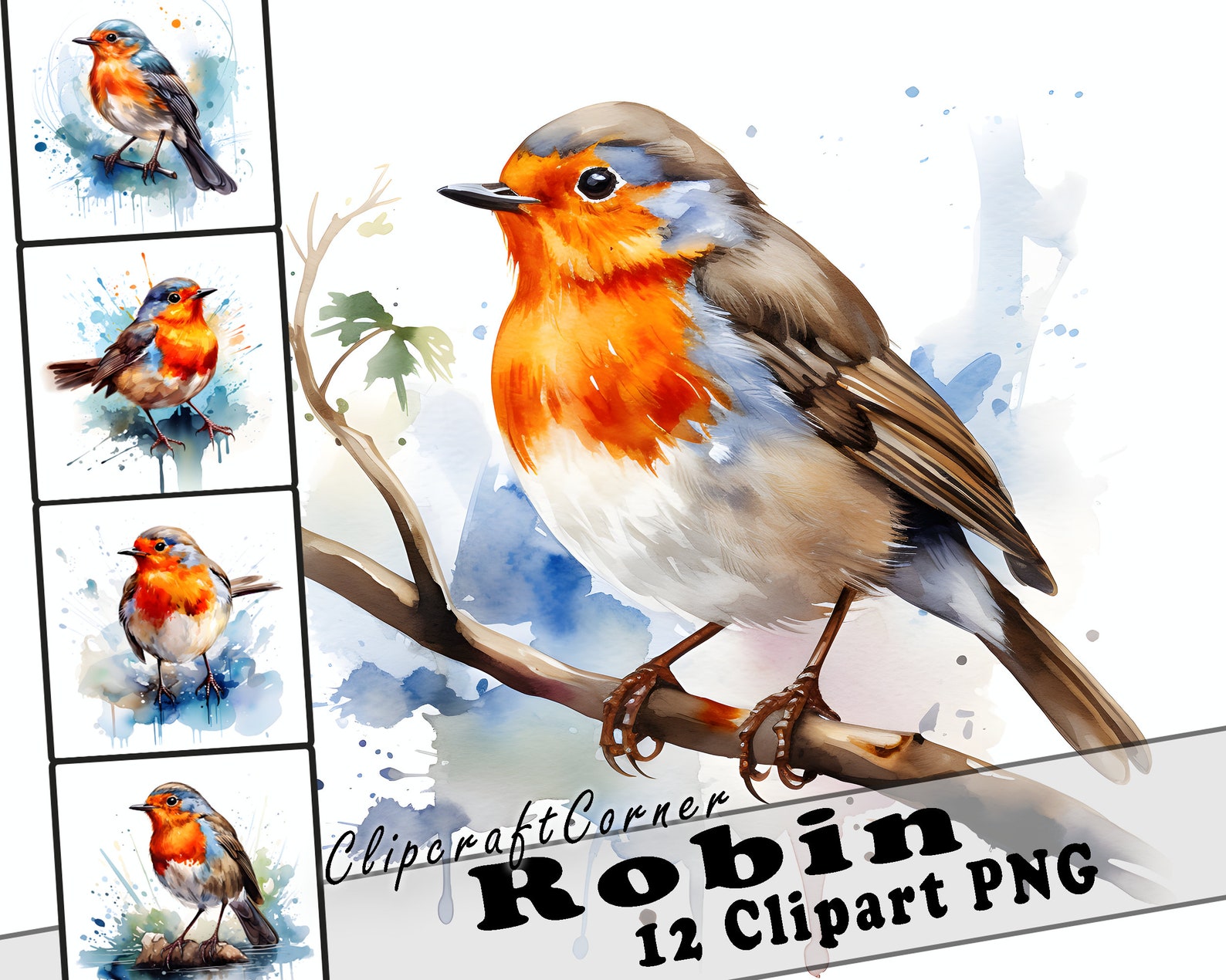 12 Robin Clipart PNG Art Bundle Watercolor Bird Clipart PNG Artwork ...