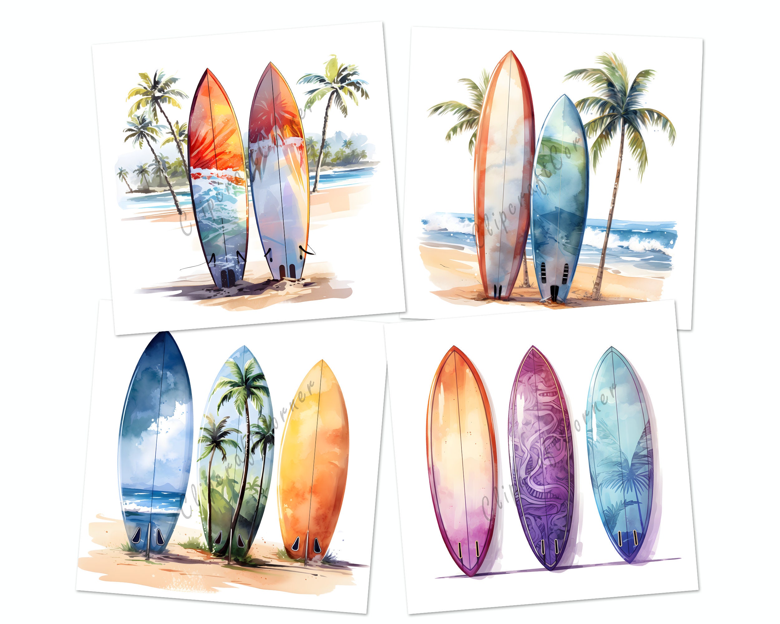 12 Surfboard Clipart PNG Bundle Tropical Watercolor Clipart PNG Summer Clipart PNG Artwork 5018 ...