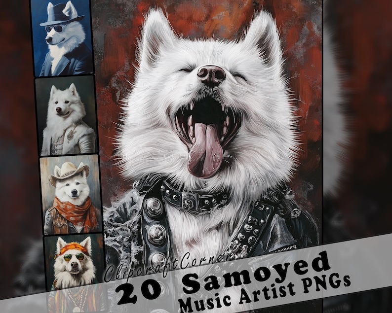 20 Samoyed Clipart Images | Samoyed Dog Portraits as Music Stars ...