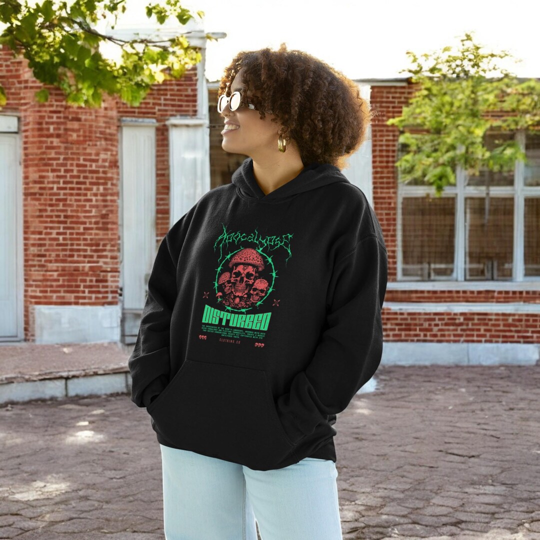 Disturbed Skull Hoodie, Dark Graphic Print Sweatshirt, Bold Skull Print ...