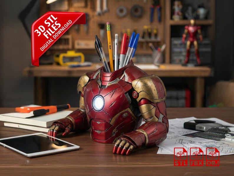 Armored Billionaire Torso Pencil Holder STL - High Tech Hero Desk ...
