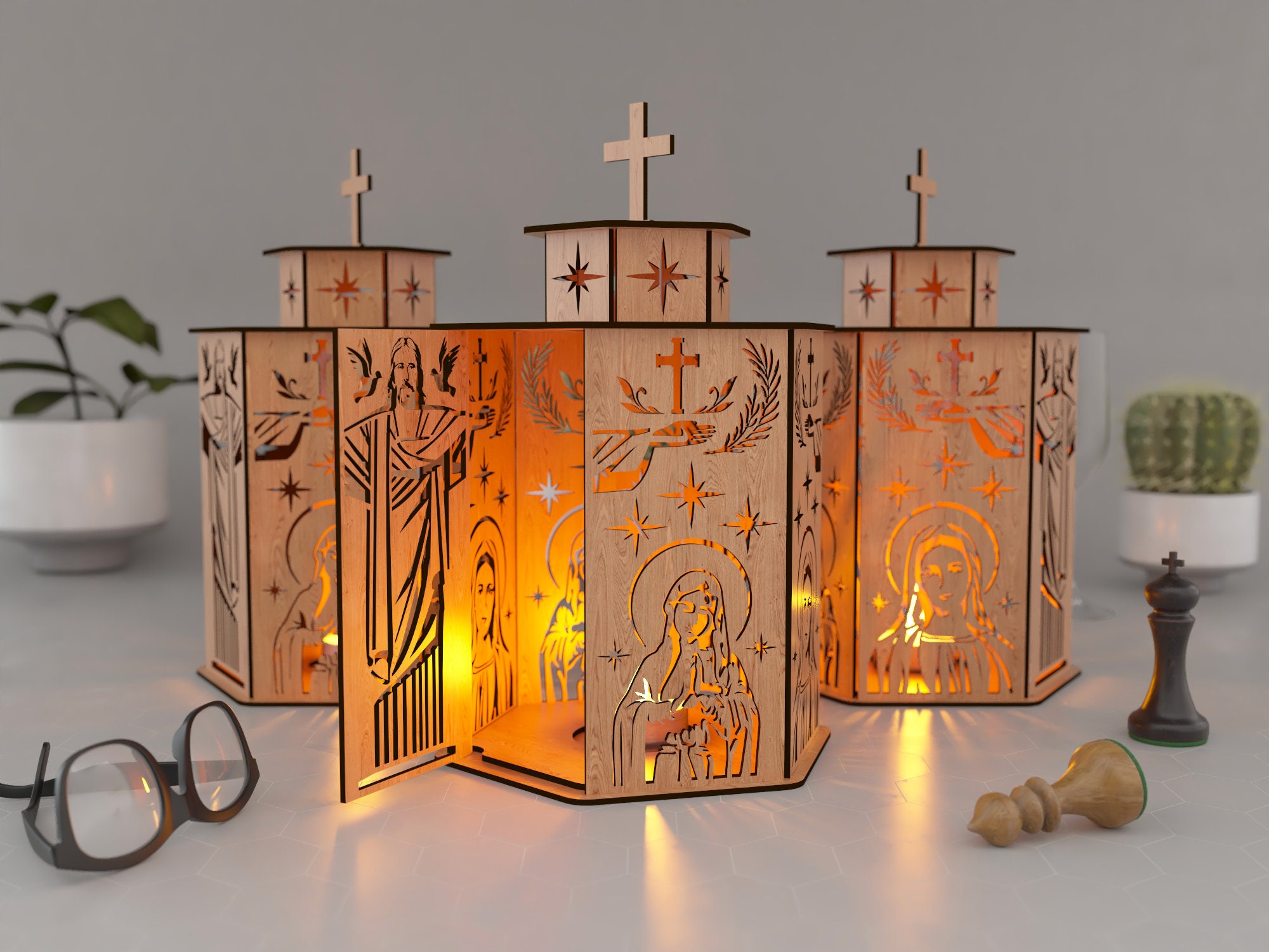 JESUS and Holy PILGRIM, Night Light, Lamp Shade, Table Candle, Wooden ...