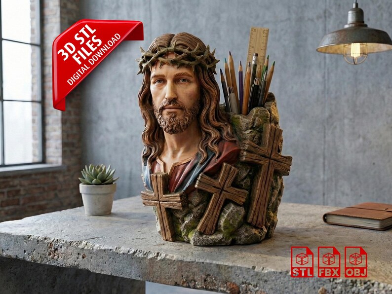 Jesus Pencil Holder STL - Christian Desk Decor - Religious Gift 3D ...