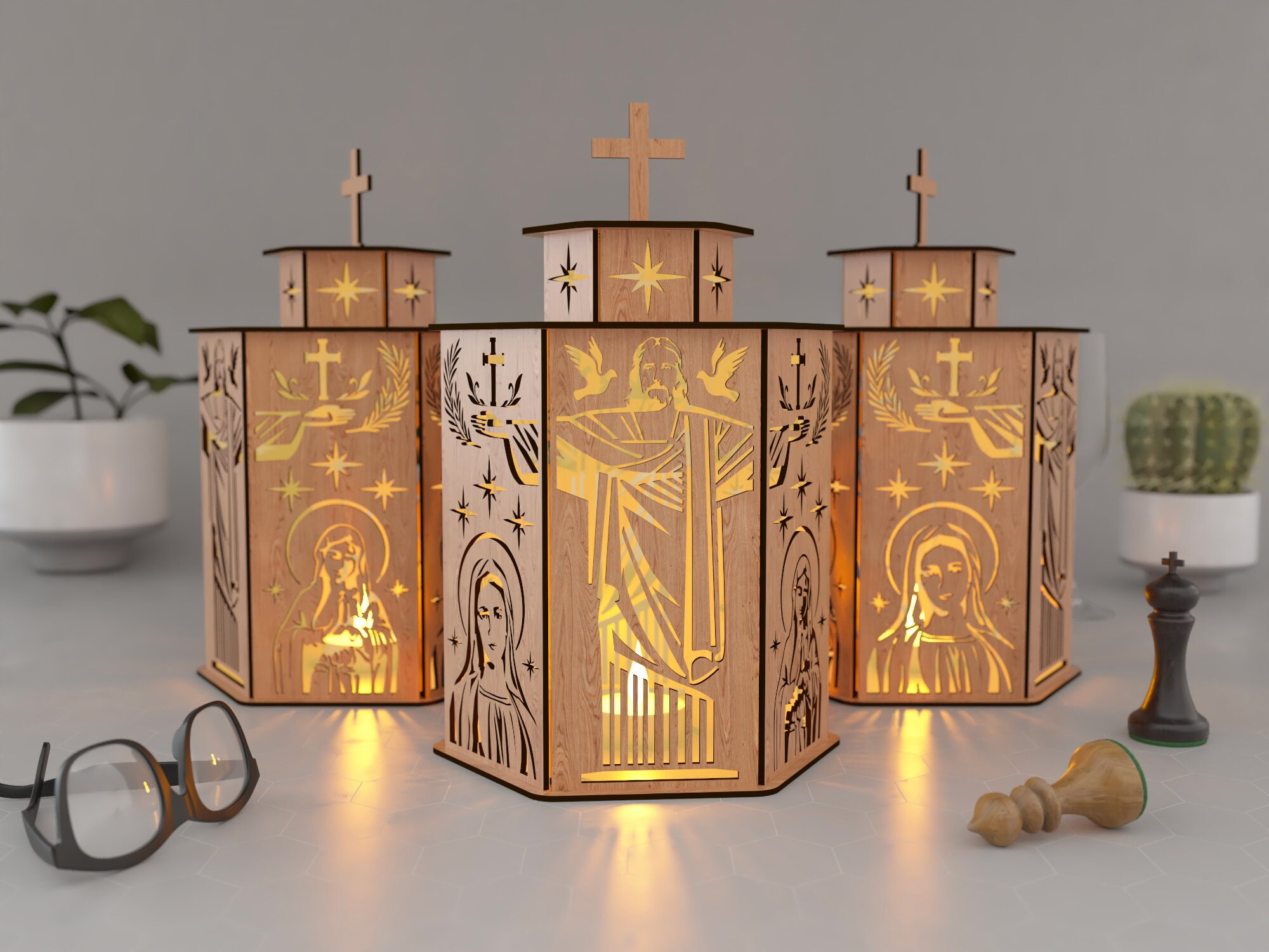 JESUS and Holy PILGRIM, Night Light, Lamp Shade, Table Candle, Wooden ...