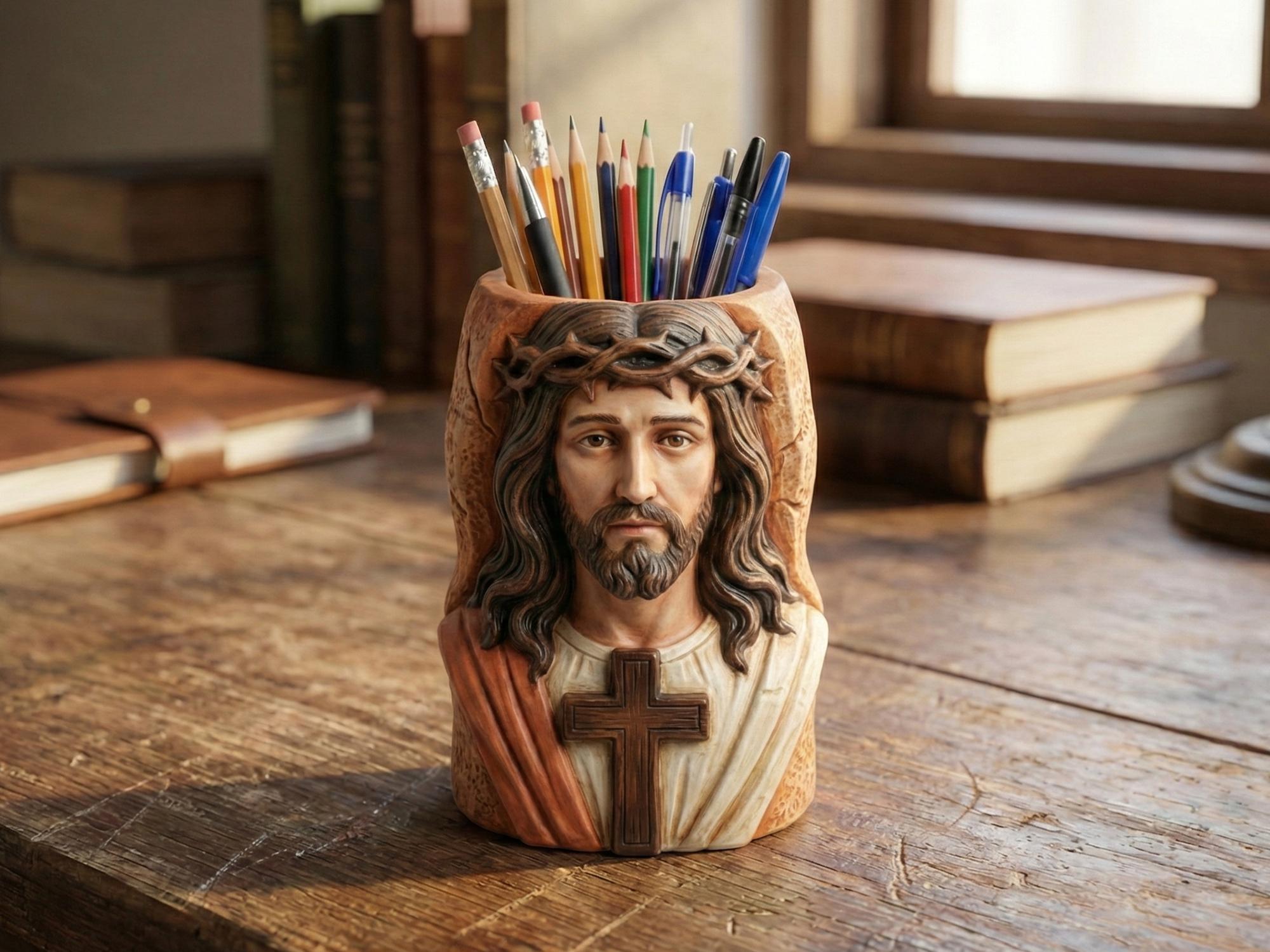 Jesus Christ Pencil Holder STL File | Christian Desk Organizer ...