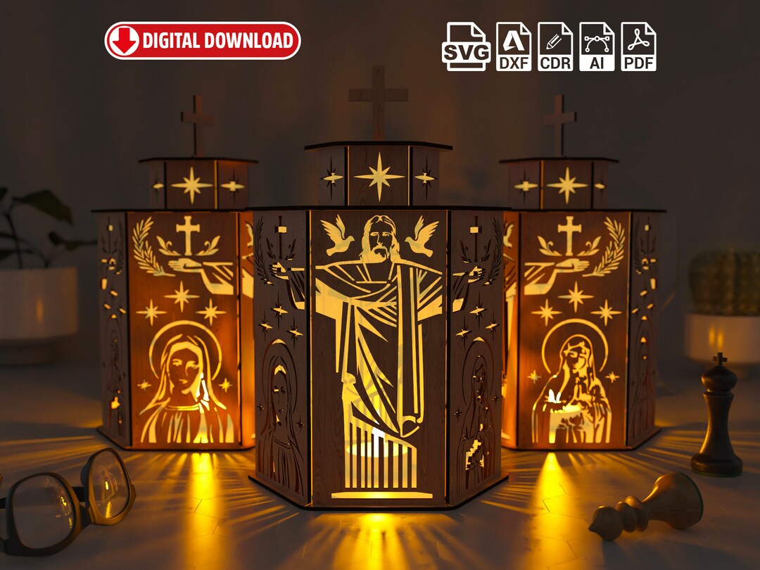 JESUS and Holy PILGRIM, Night Light, Lamp Shade, Table Candle, Wooden ...