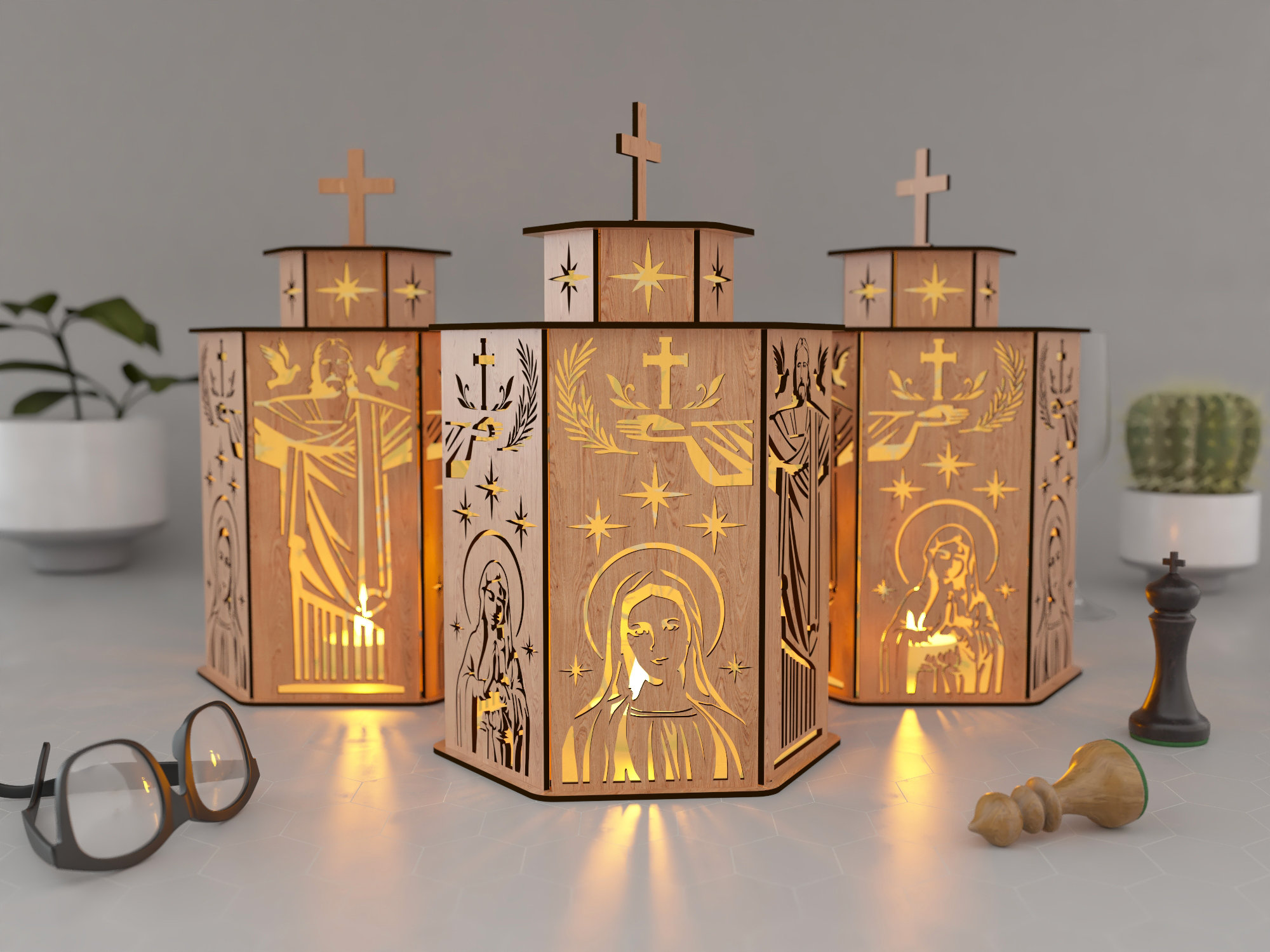JESUS and Holy PILGRIM, Night Light, Lamp Shade, Table Candle, Wooden ...