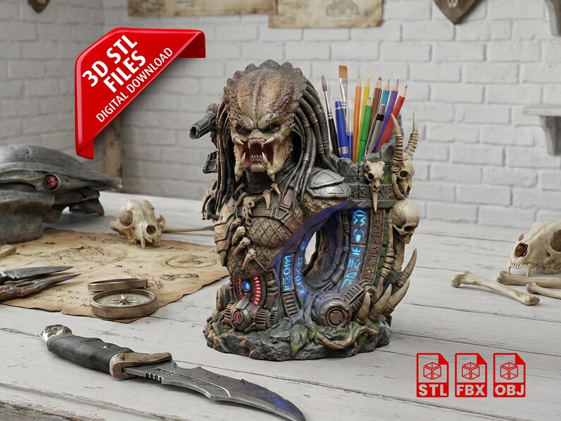 Predator Pencil Holder STL File | Alien Hunter Desk Organizer | Yautja ...