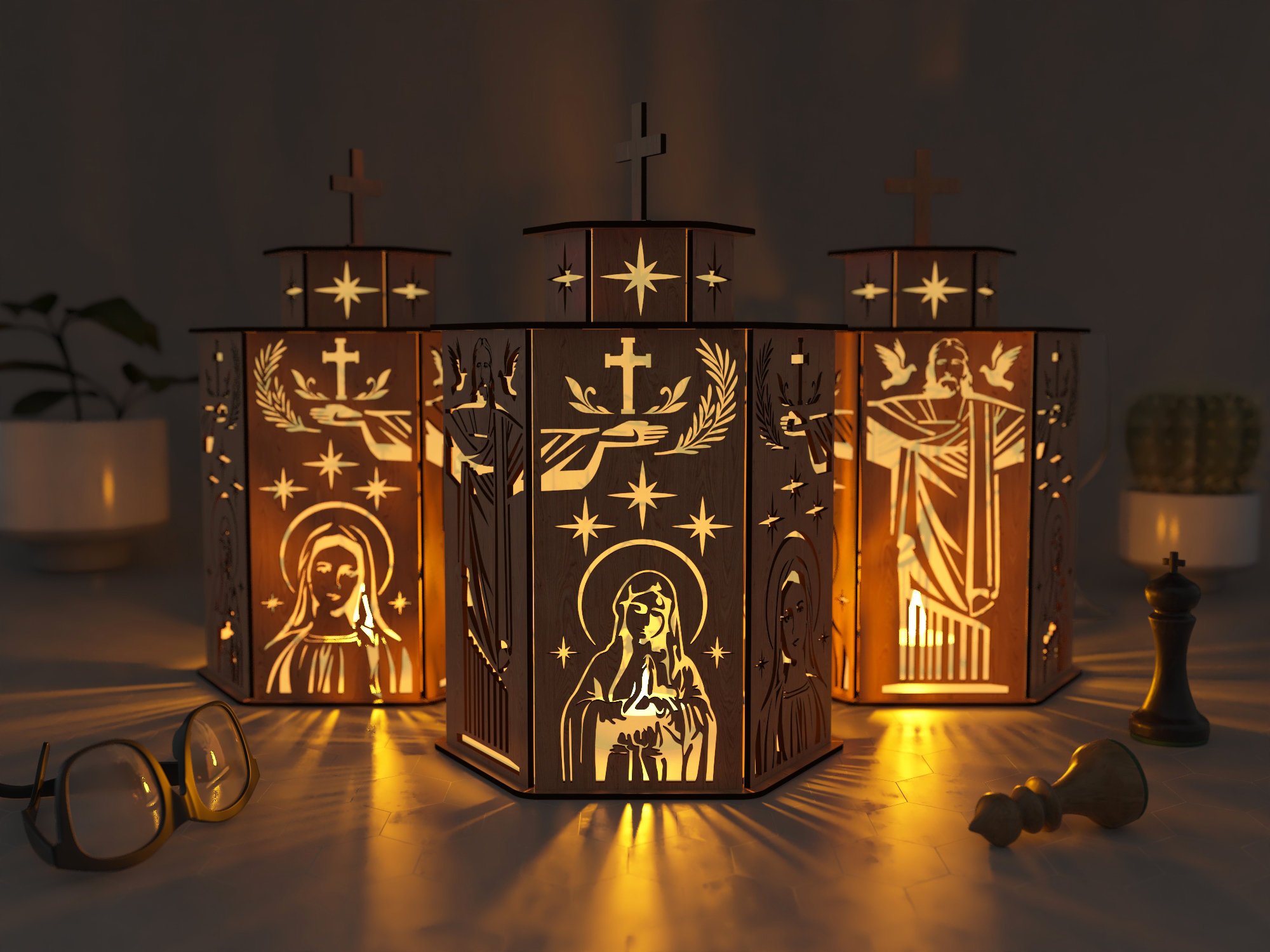 JESUS and Holy PILGRIM, Night Light, Lamp Shade, Table Candle, Wooden ...