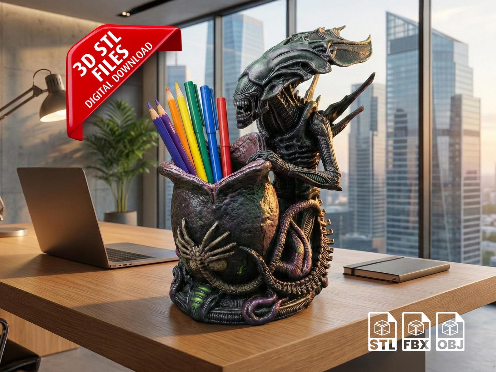 Biomechanical Monster Pencil Holder STL - Sci-fi Horror Desk Organizer ...