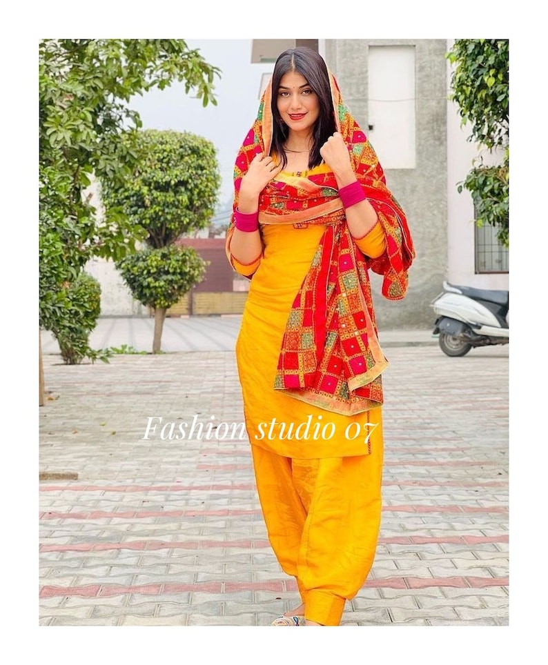 Punjabi Yellow Silk Patiala Suit Salwar Kameez Punjabi Suit Phulkari ...