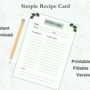 Simple Recipe Card - Digital Download - Printable PDF and Fillable PDF ...