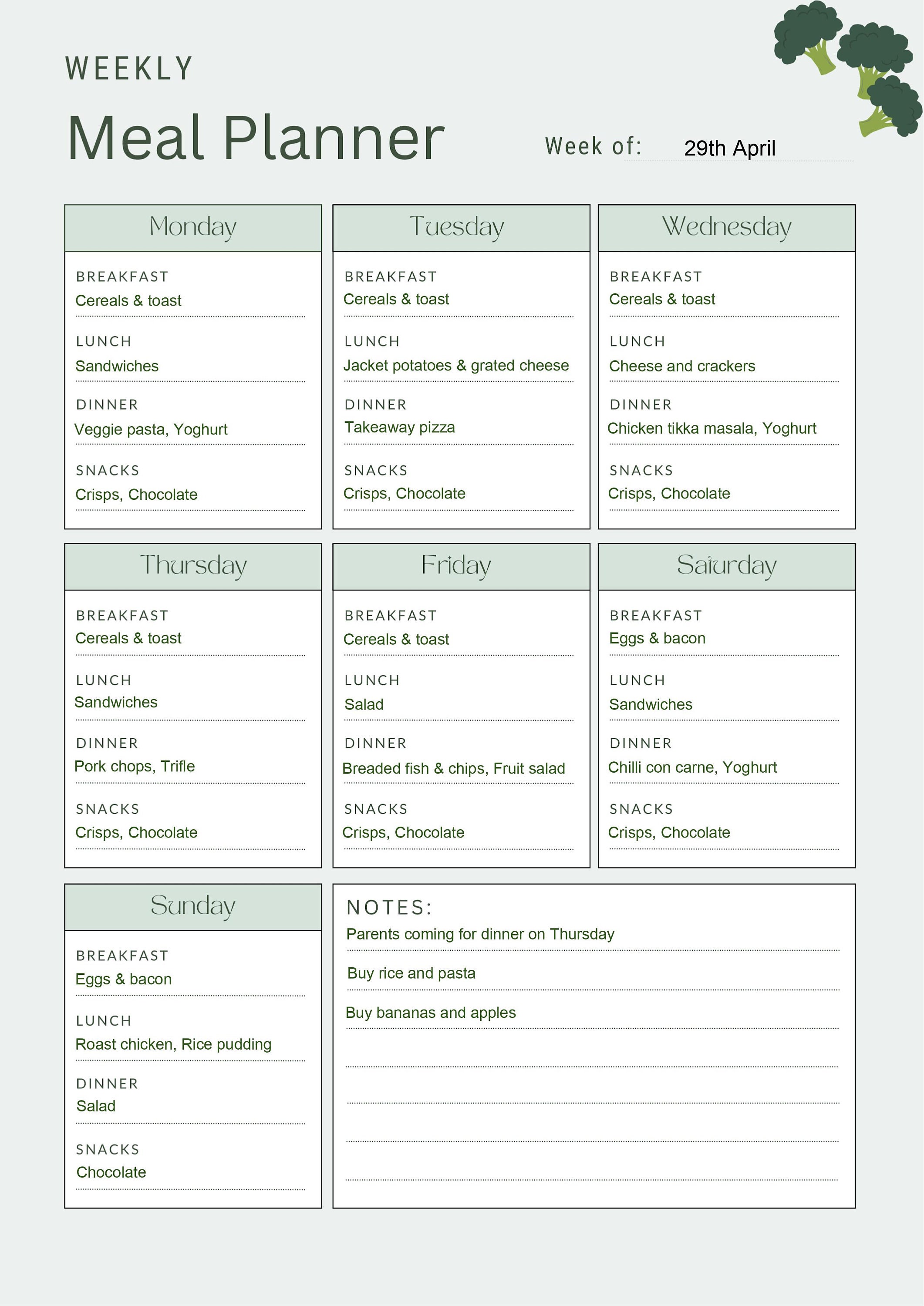 Simple Weekly Meal Planner - Digital Download - Printable and Fillable ...