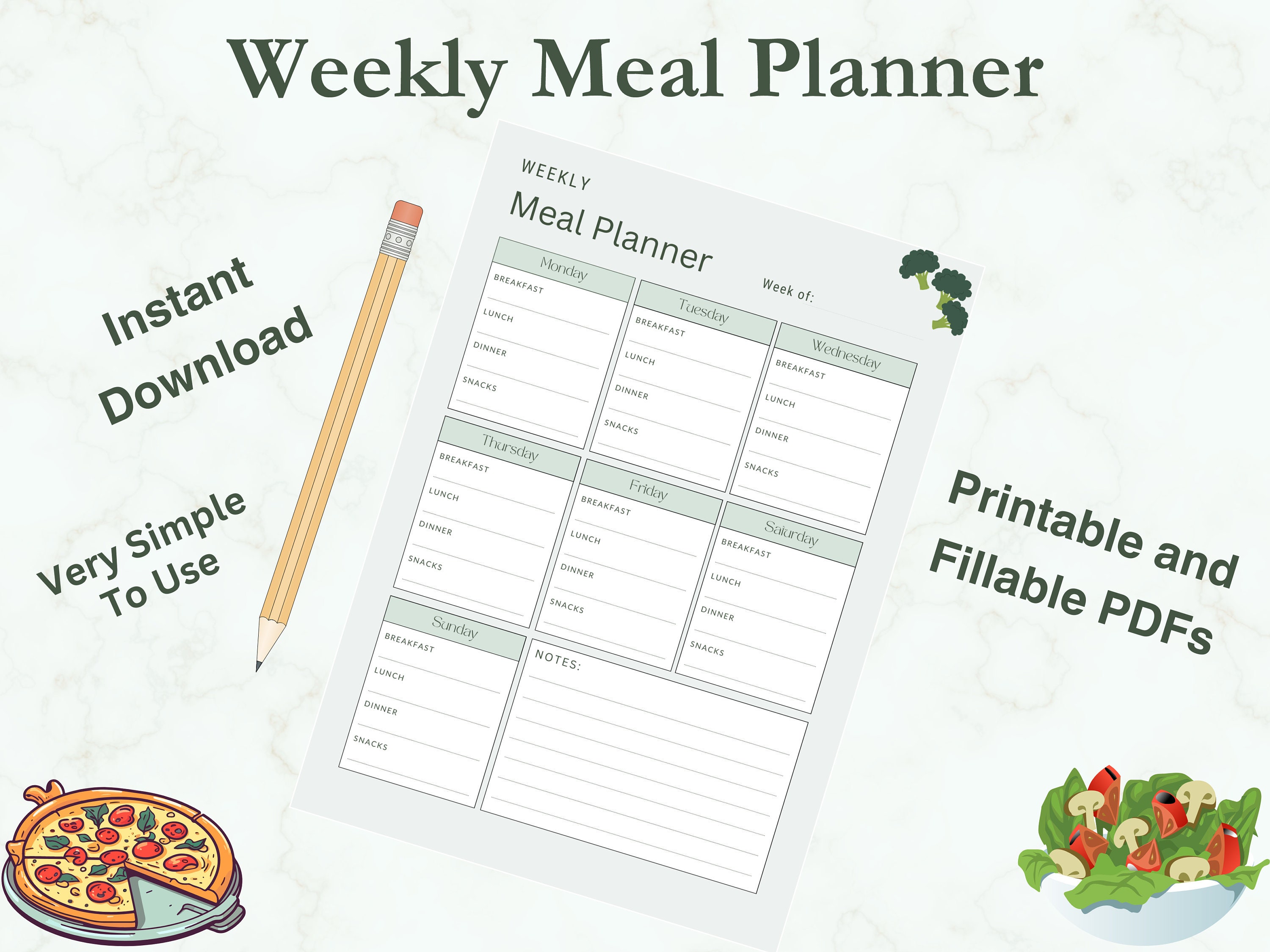 Simple Weekly Meal Planner Digital Download Printable and Fillable PDF ...