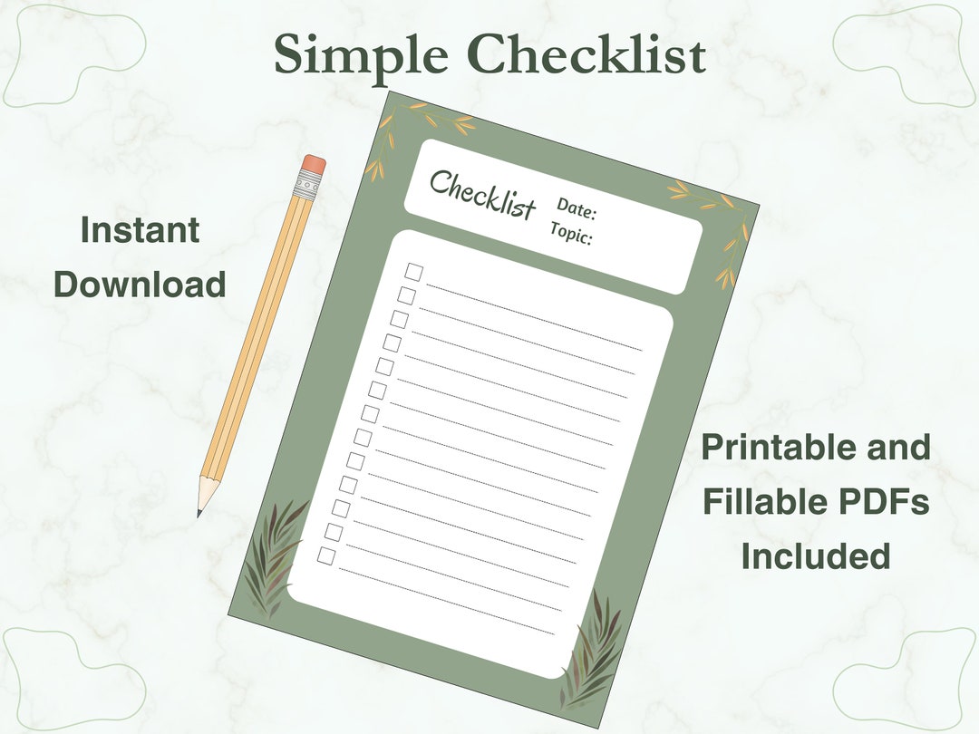 Simple Checklist - Digital Download - Printable PDF and Fillable PDF ...