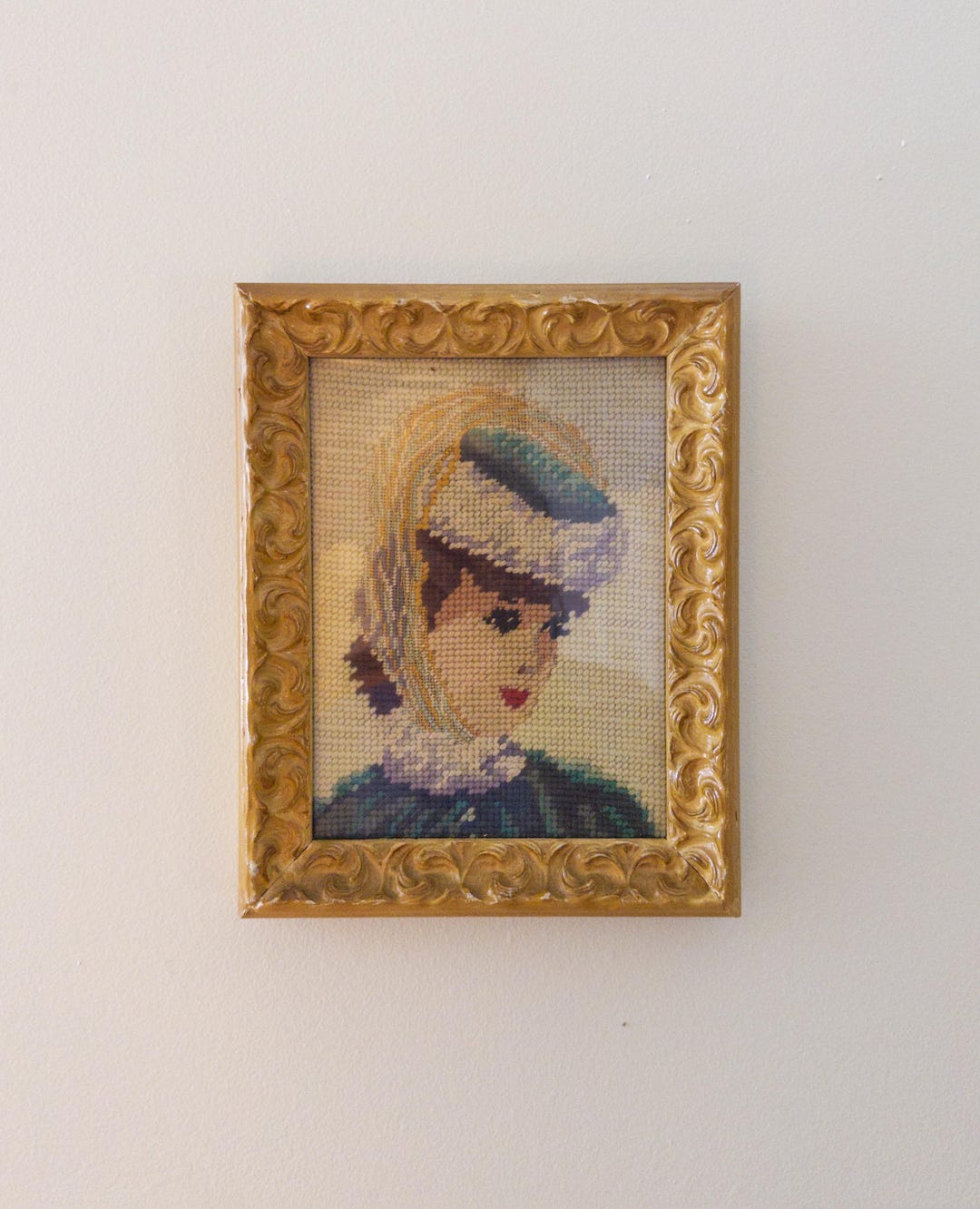 Vintage Needlepoint Portrait: Parisian Lady in Blue Bonnet, 1950s - Etsy