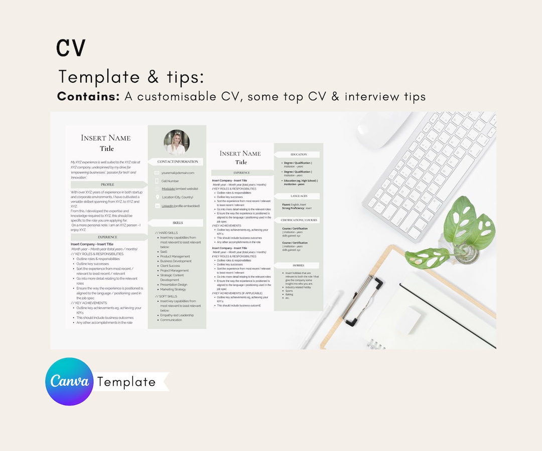 Two Page CV Resume Canva Professional Template - Etsy
