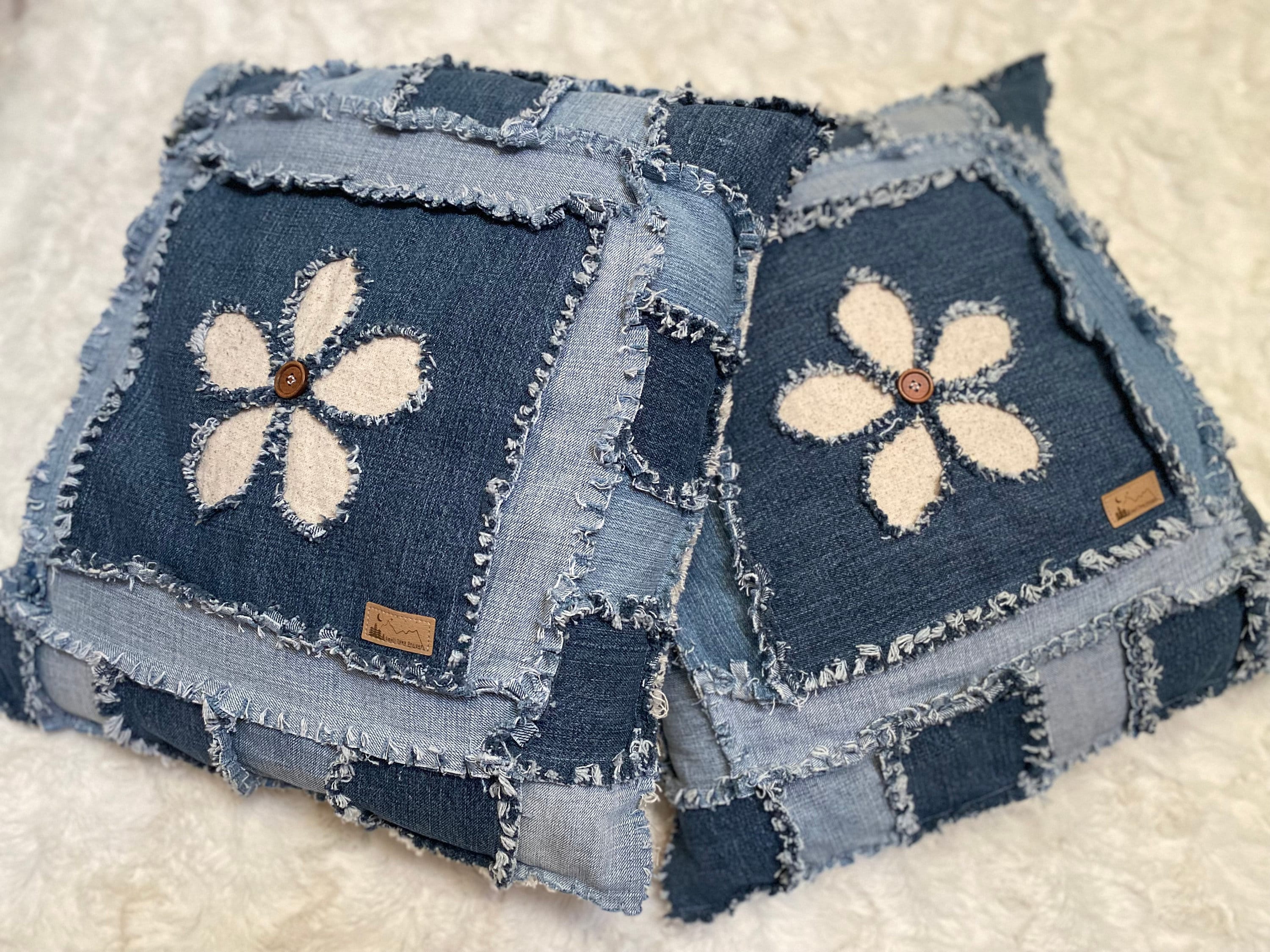 Upcycled Denim Rag Quilt Pillow: Rustic Farmhouse Floral Patchwork - Etsy