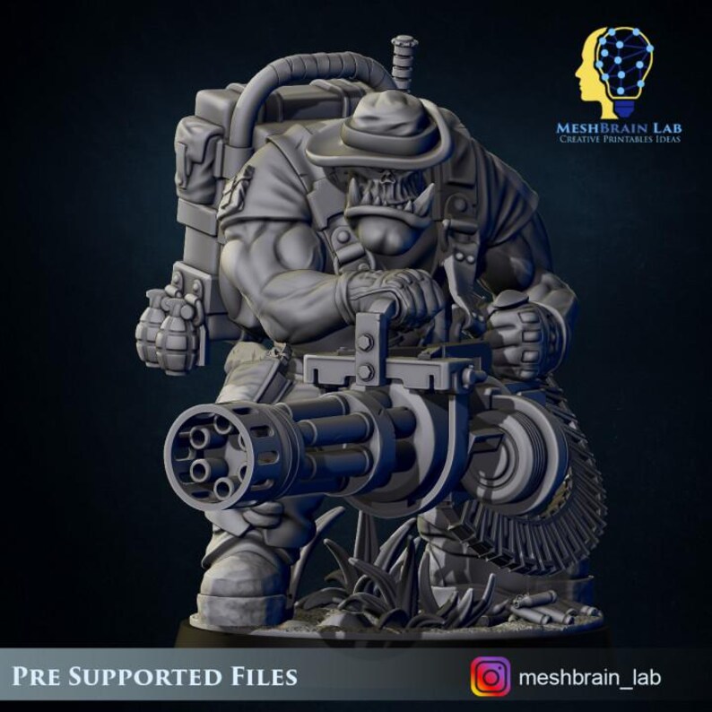 3d Printed Ork Commando With Minigun, Resin Miniature by Meshbrain Labs ...