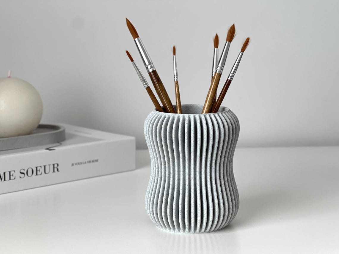 Wavy Textured 3D Printed Pen Holder in Marble Color | Decorative Makeup ...