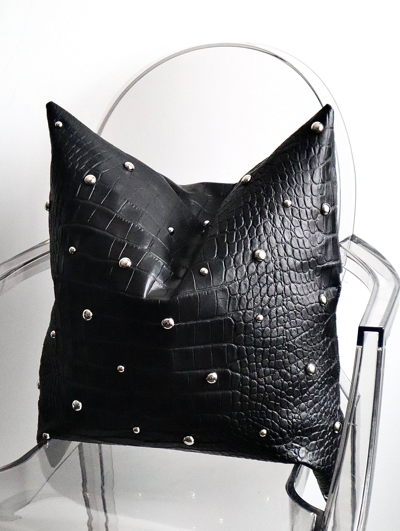 Handmade Black Croc Embossed Leather Throw Pillow With Chrome Studs ...