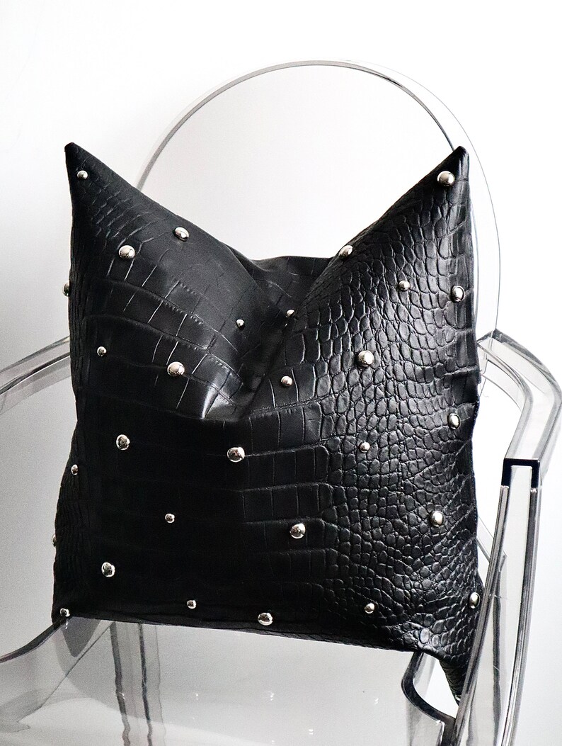 Handmade Black Croc Embossed Leather Throw Pillow With Chrome Studs ...