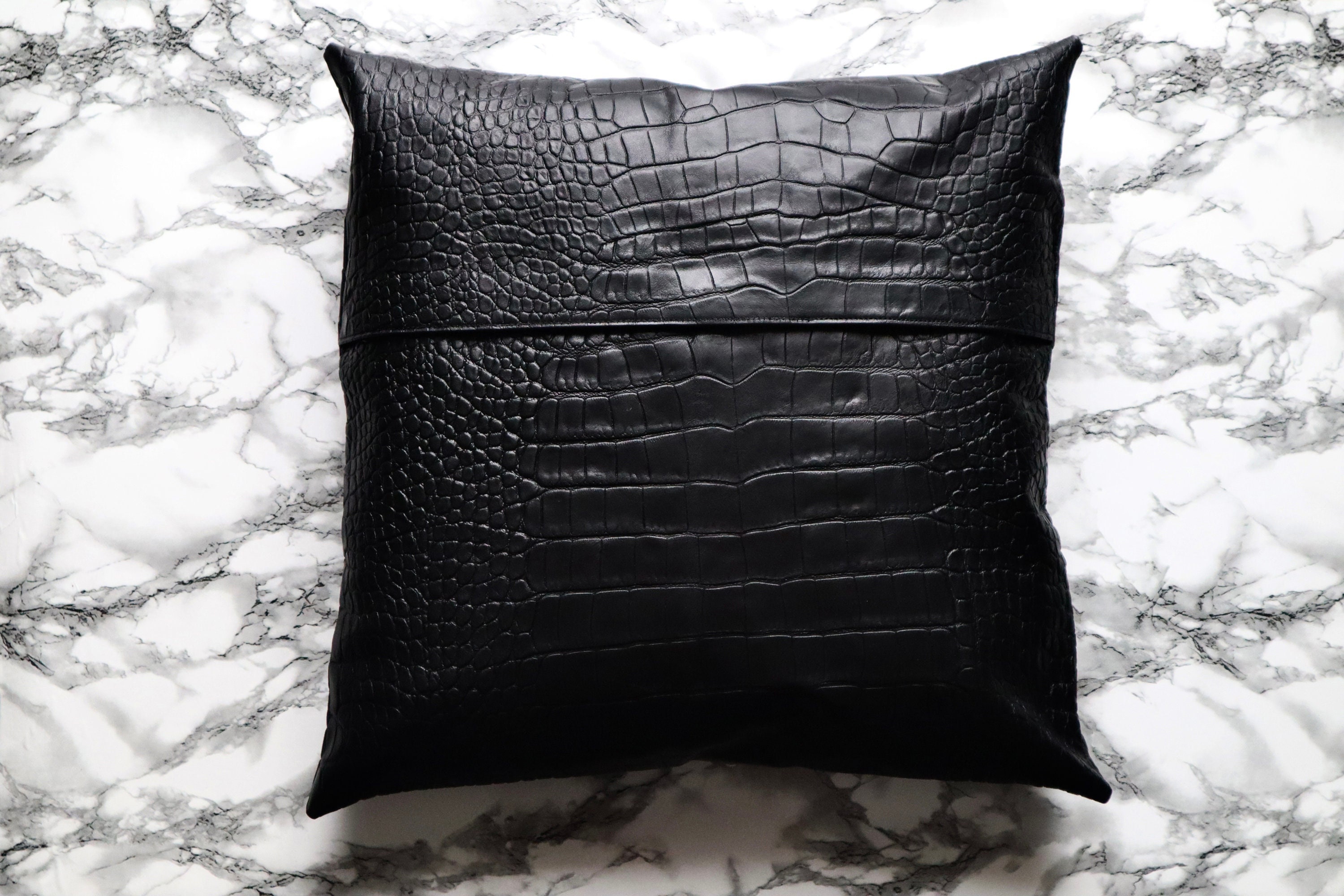 Handmade Black Croc Embossed Leather Throw Pillow With Chrome Studs ...