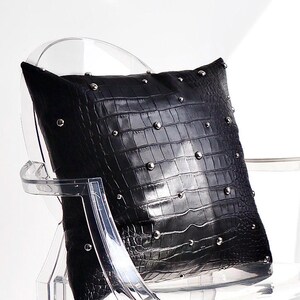 Handmade Black Croc Embossed Leather Throw Pillow With Chrome Studs ...