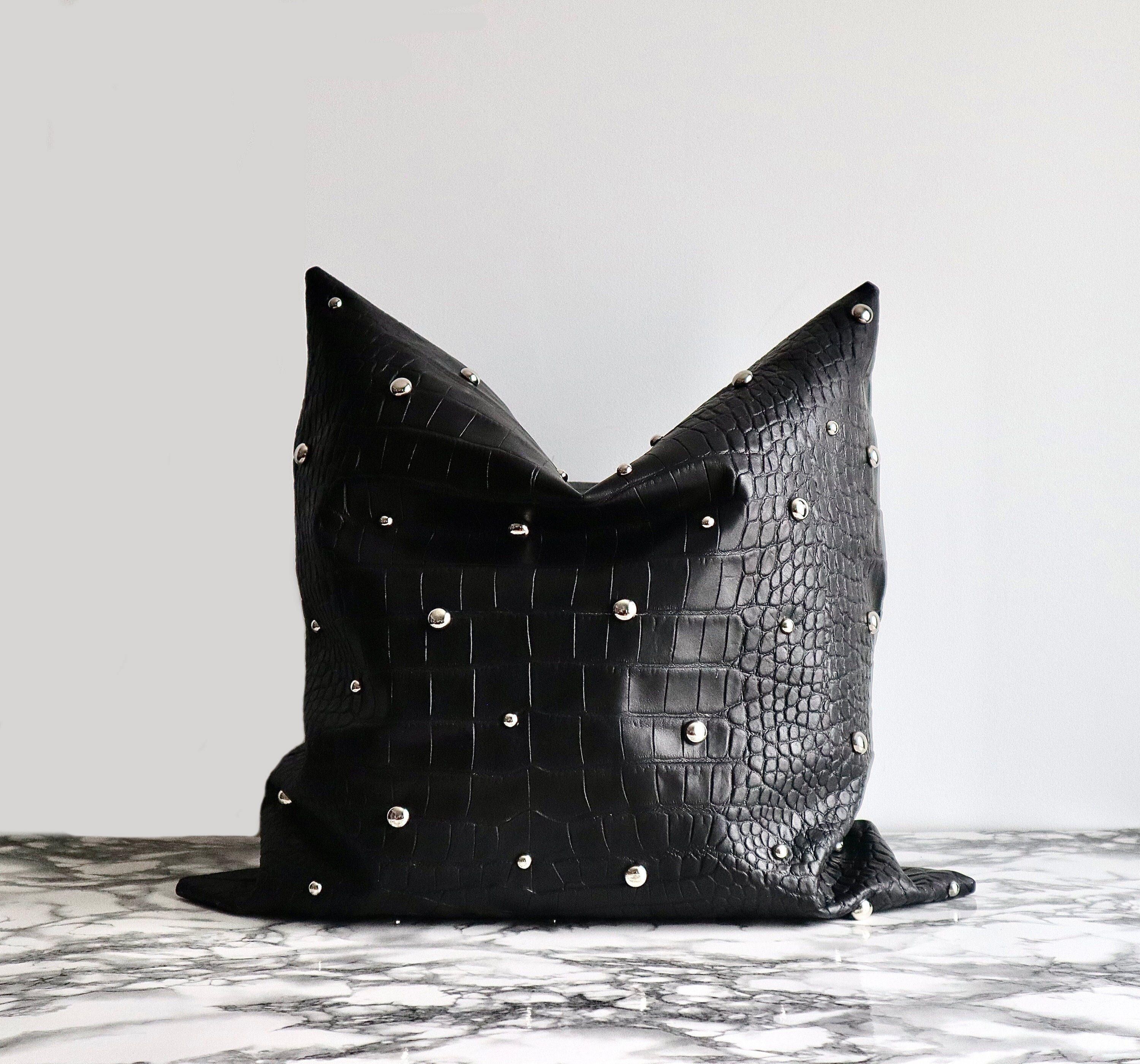 Handmade Black Croc Embossed Leather Throw Pillow With Chrome Studs ...