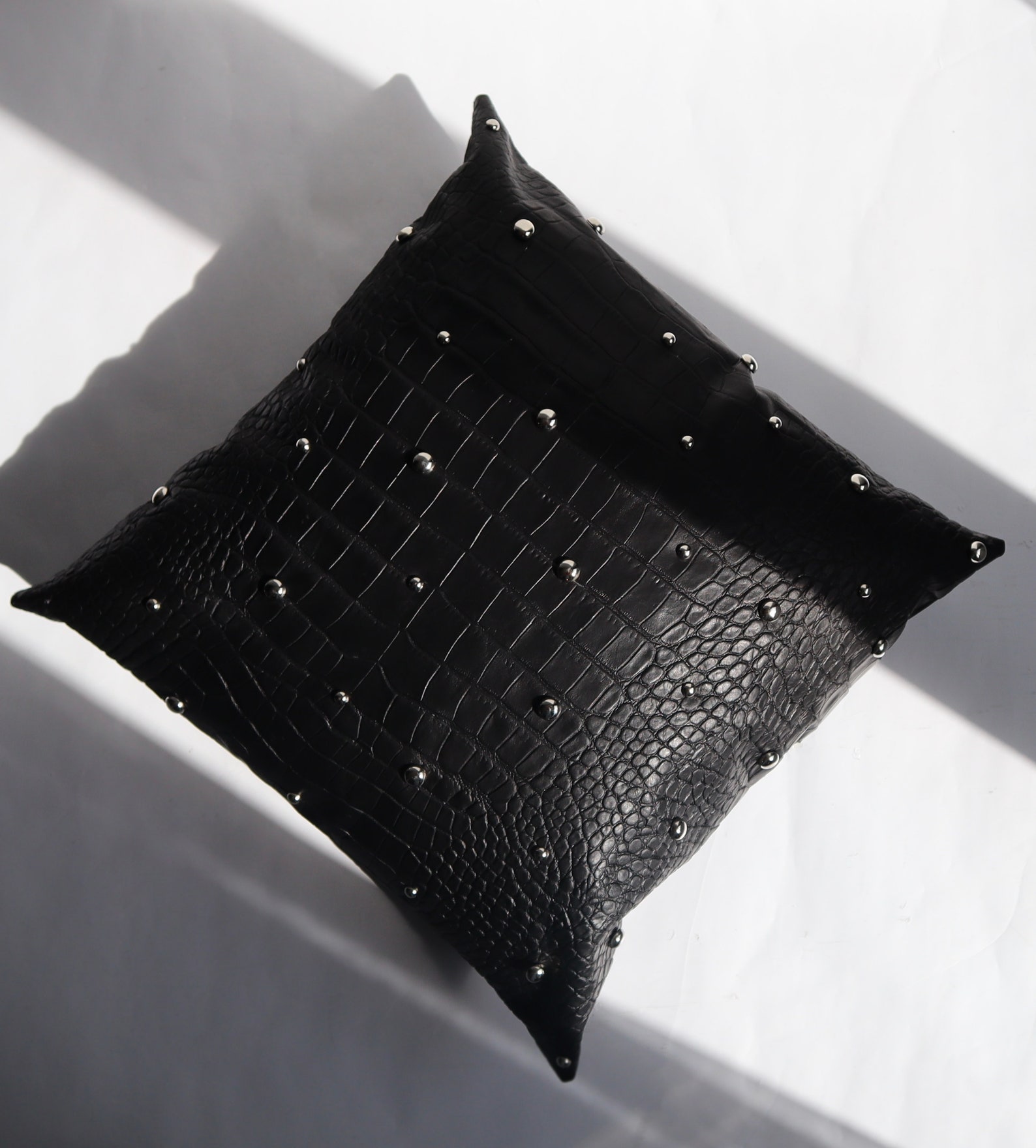 Handmade Black Croc Embossed Leather Throw Pillow With Chrome Studs ...
