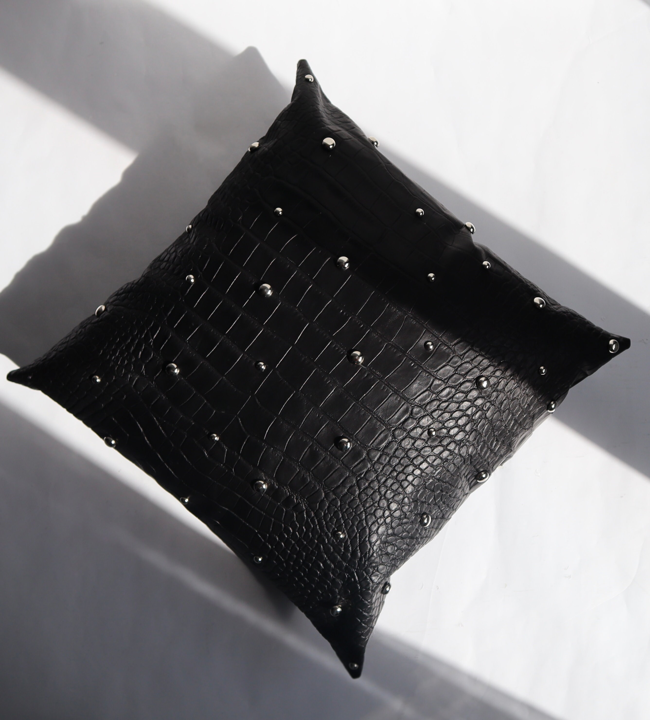 Handmade Black Croc Embossed Leather Throw Pillow With Chrome Studs ...