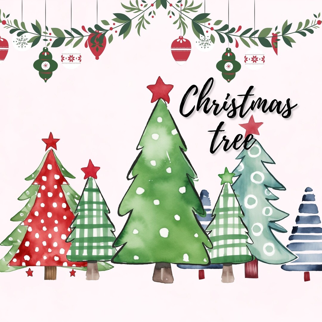 Christmas PNG Watercolor Clipart Christmas Tree Digital Style Doodle ...