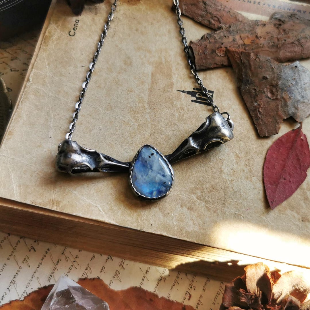 Blue Moonstone Necklace, Raven Skull Necklace, Witchy Necklace ...