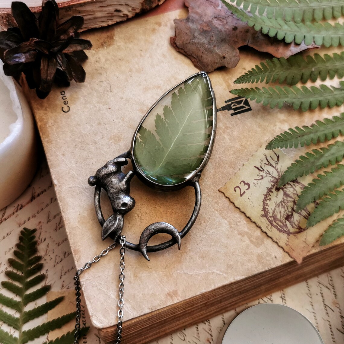 Real Fern Pendant, Cottagecore Pendant, Crescent Moon Pendant, Pressed ...