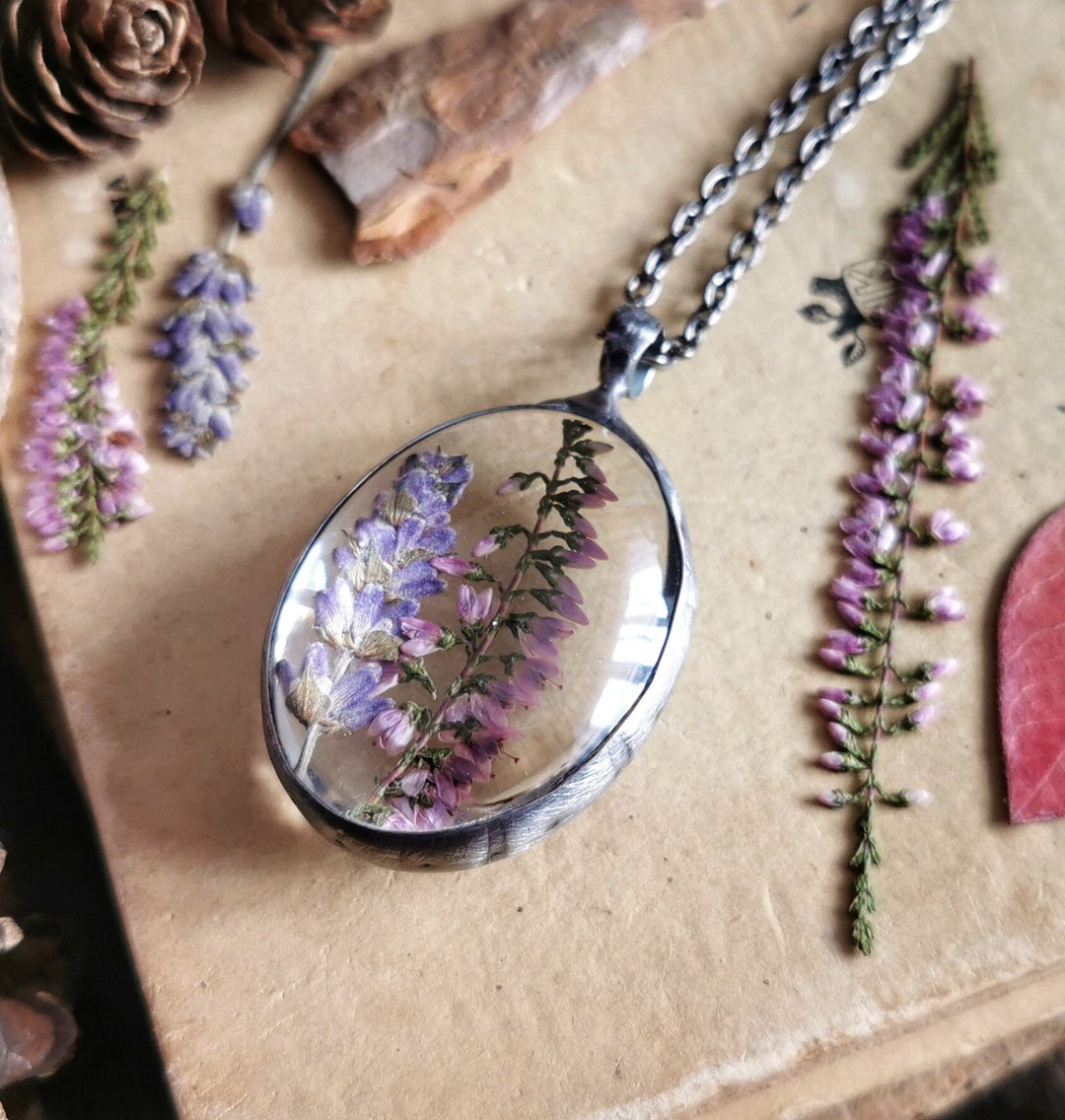 Heather Necklace, Cottage Core Jewelry, Lavender Necklace, Pressed Flower, Forest Jewelry, Fall ...