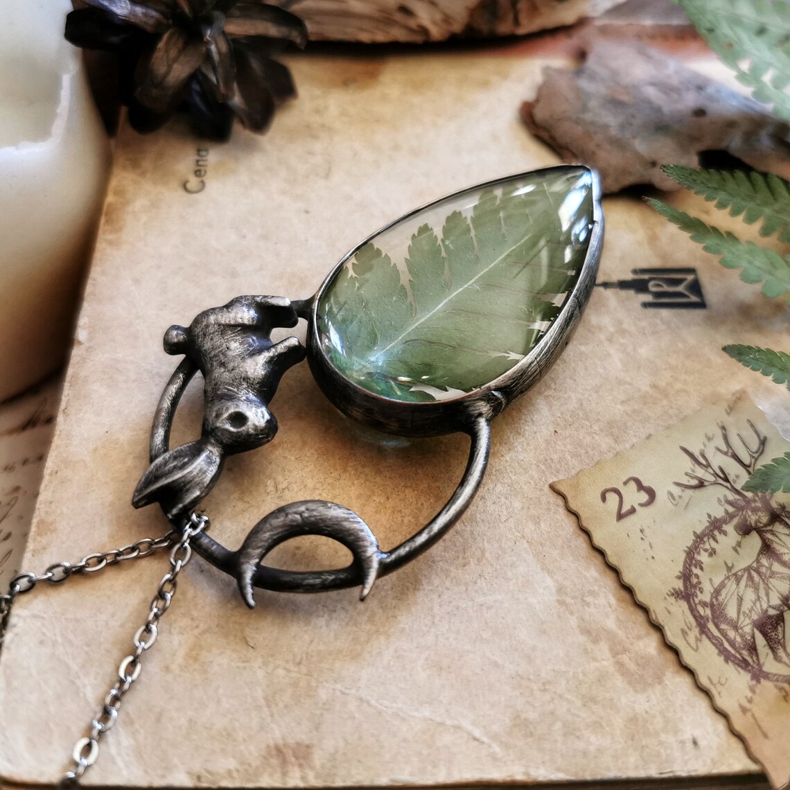 Real Fern Pendant, Cottagecore Pendant, Crescent Moon Pendant, Pressed ...