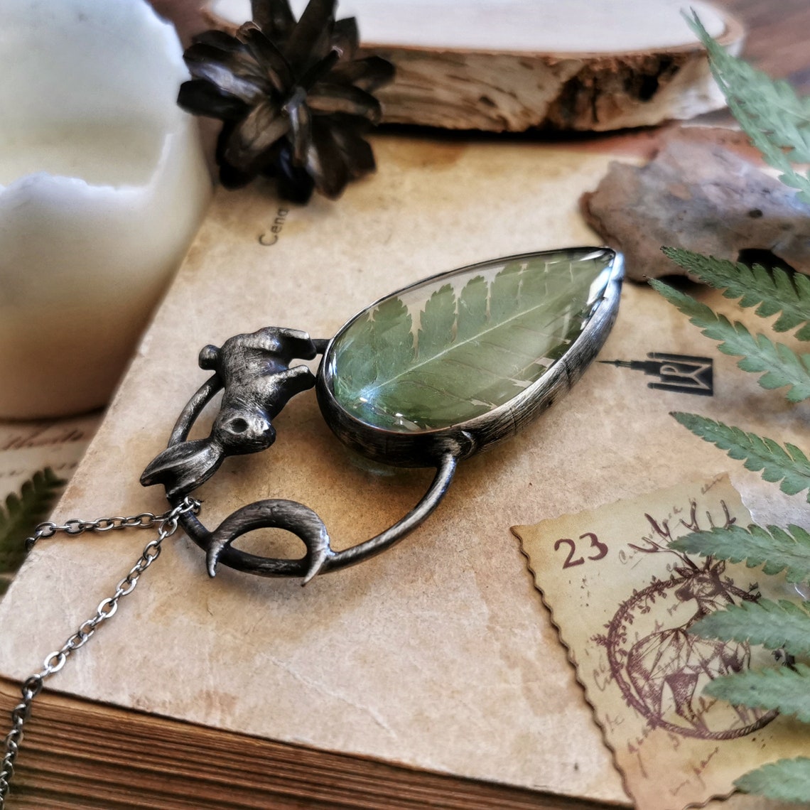 Real Fern Pendant, Cottagecore Pendant, Crescent Moon Pendant, Pressed ...