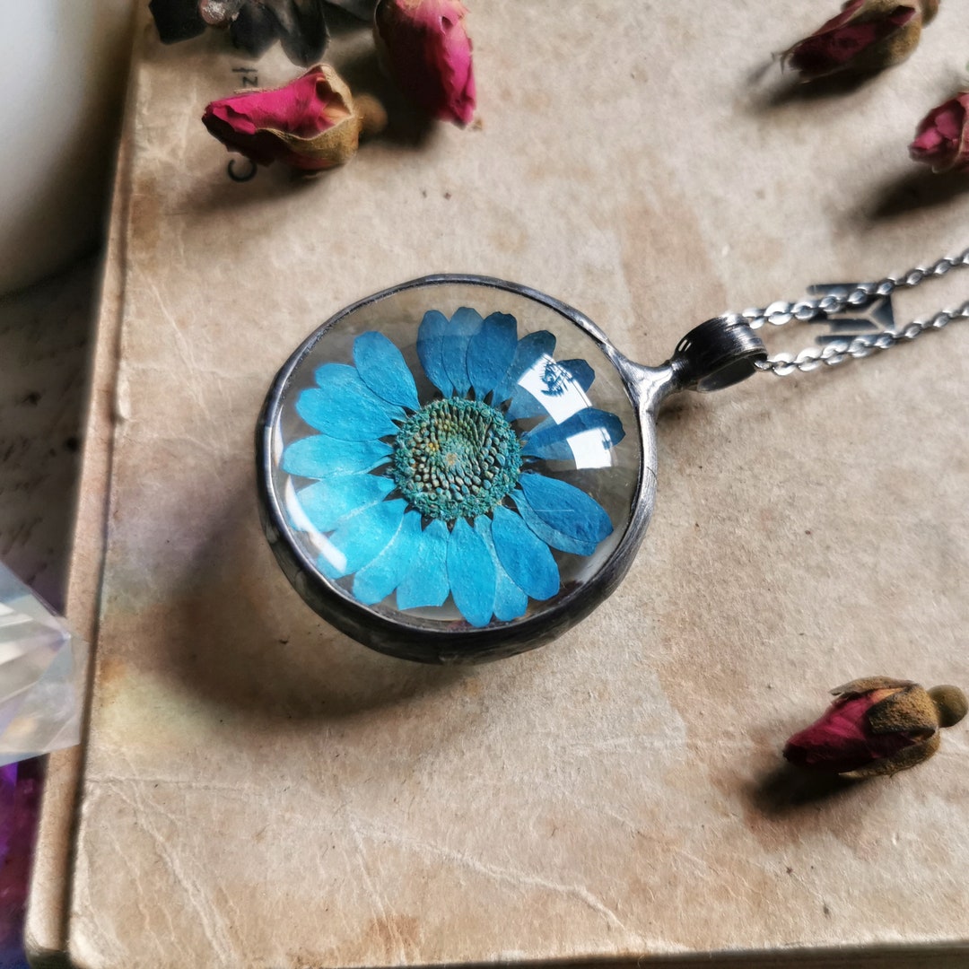 Cottage Core Jewelry, Organic Jewelry, Blue Flower Pendant, Pressed ...