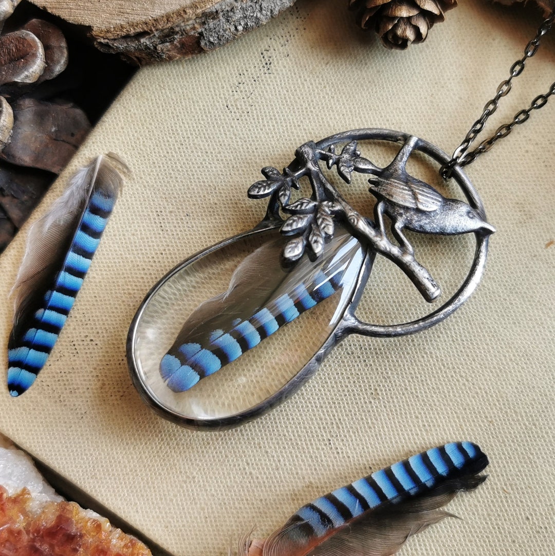 Cottagecore Jewelry, Jay Feather Necklace, Blue Bird Pendant, Handmade ...